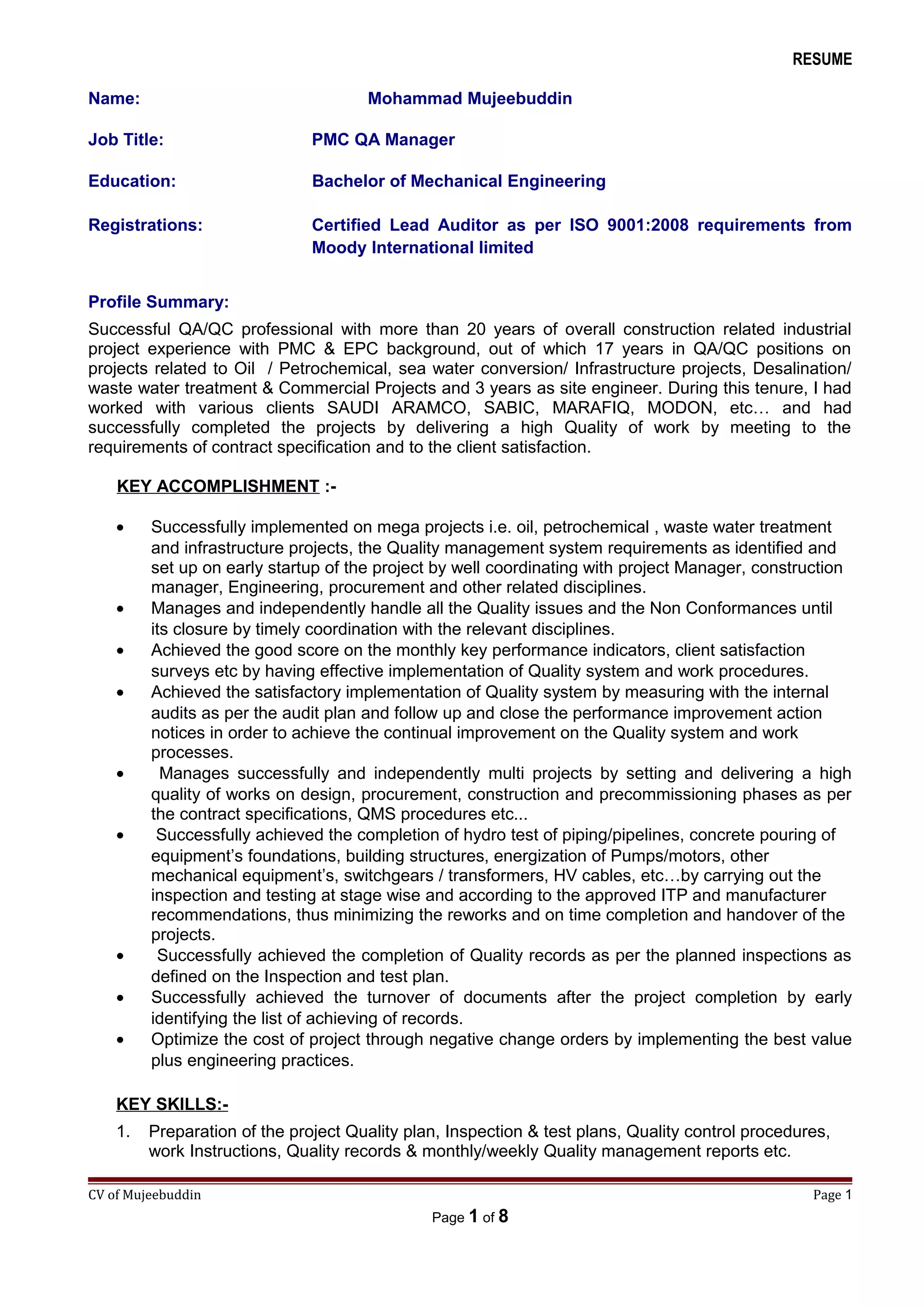 CV of Mohammad Mujeebuddin - PMO QA Manager | DOC