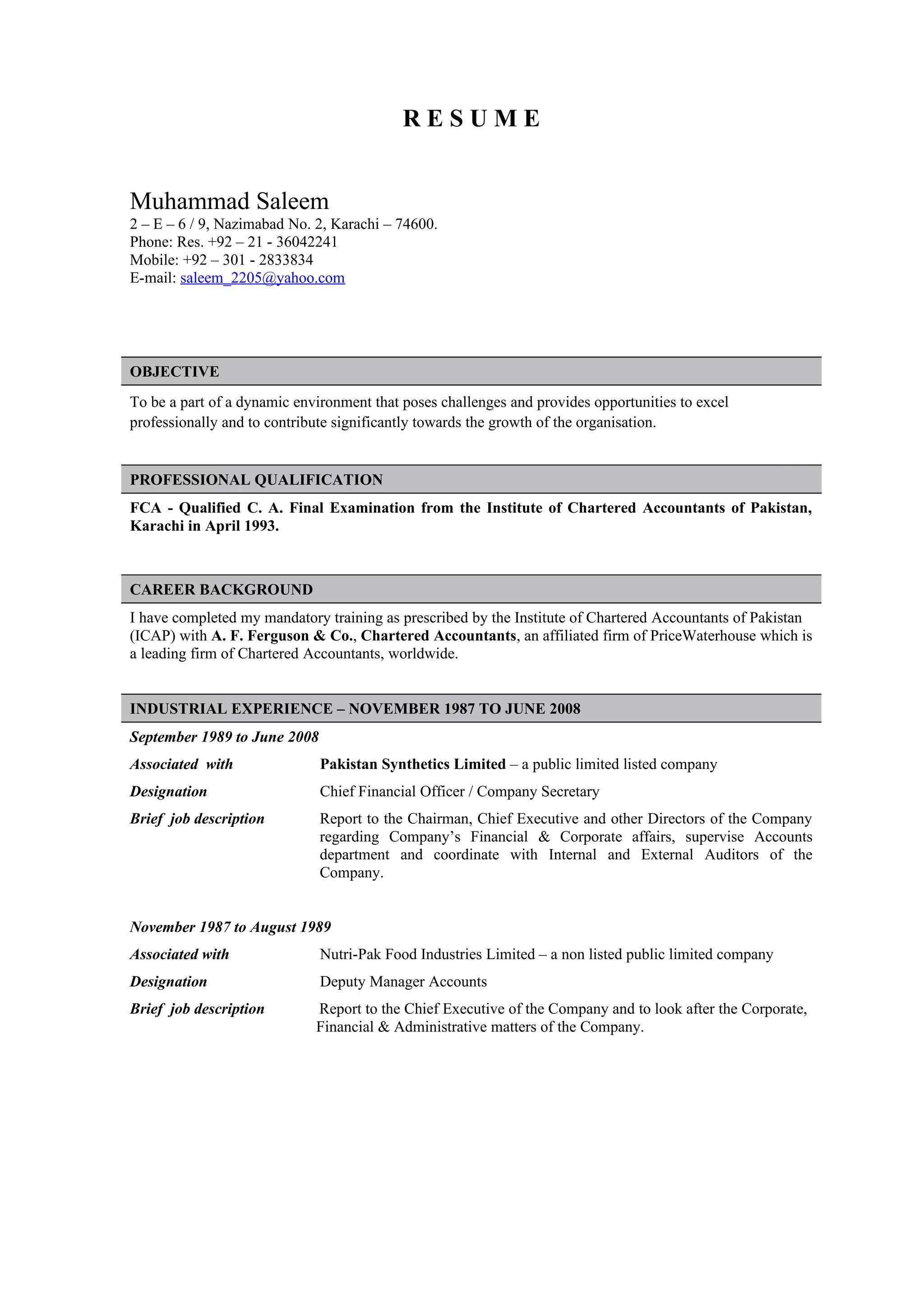 Cv Of Muhammad Saleem | DOC