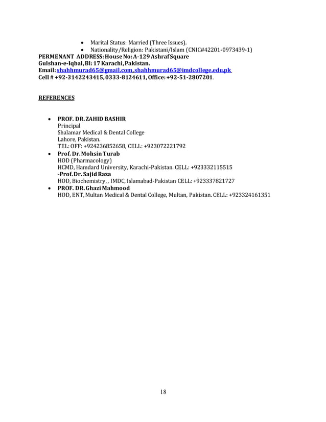 CV of Prof. Dr. Shah Murad (Pharmacology) | PDF