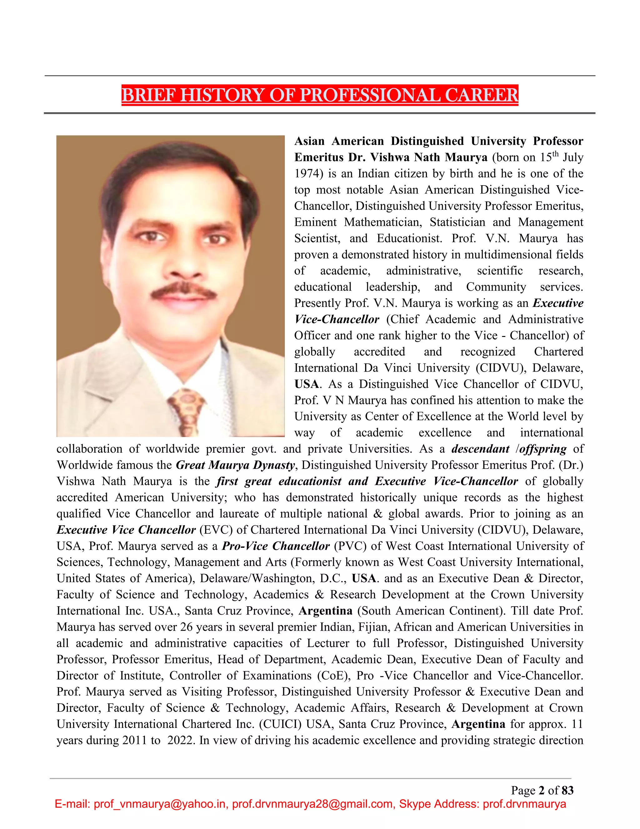 CV of Distinguished Professor Dr. Vishwa Nath Maurya, Vice-Chancellor ...