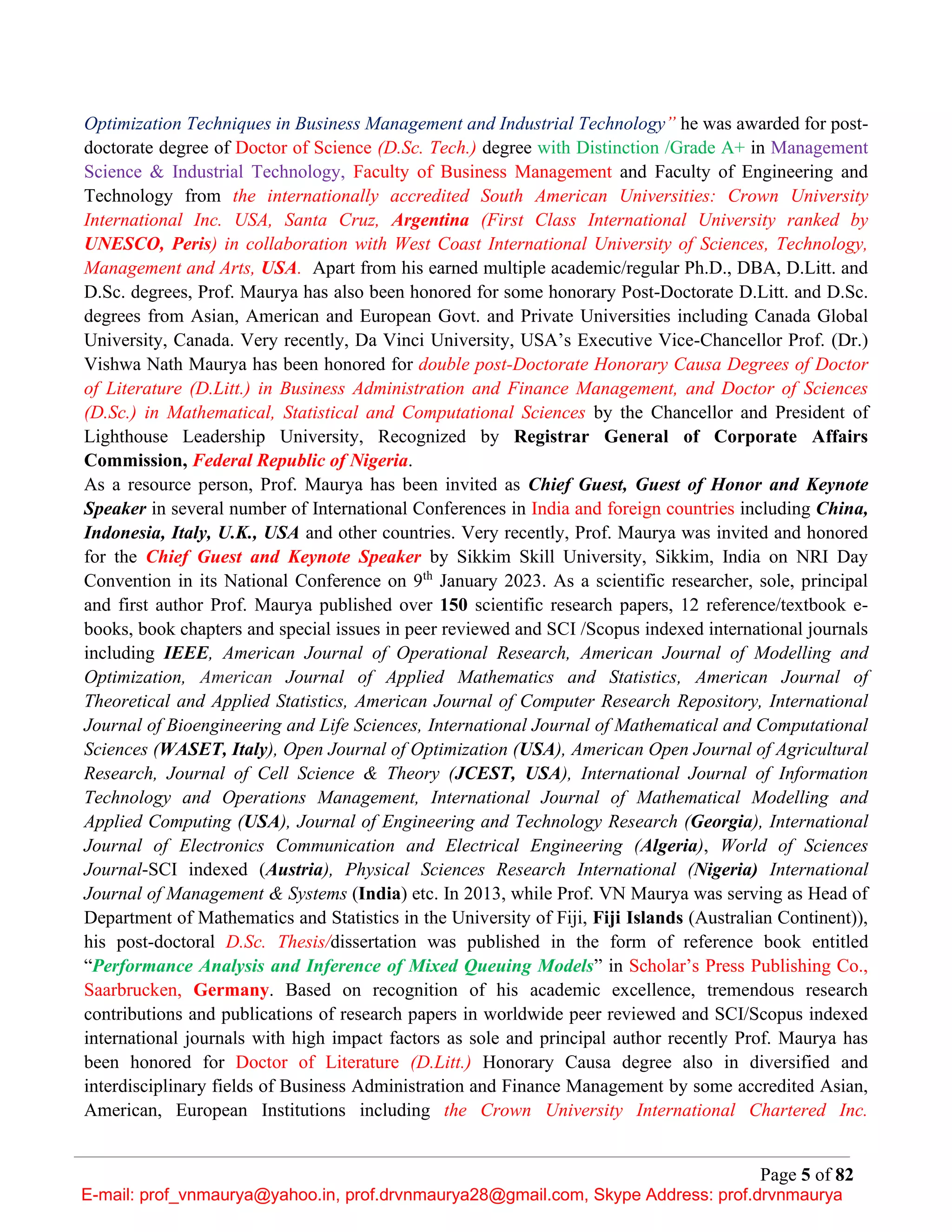 CV OF PROF. DR. VISHWA NATH MAURYA, VICE-CHANCELLOR, CIDVU, USA | PDF