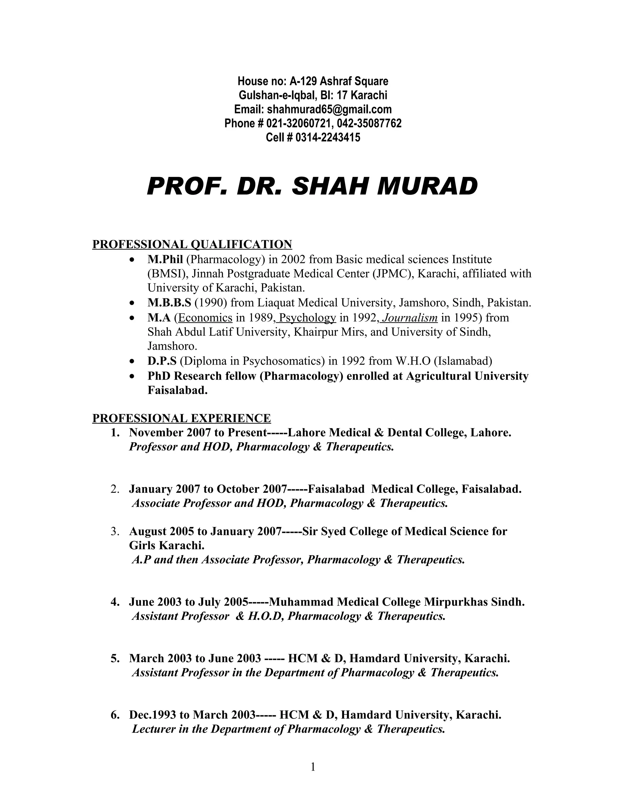 Cv Of Prof. Dr. Shah Murad | PDF