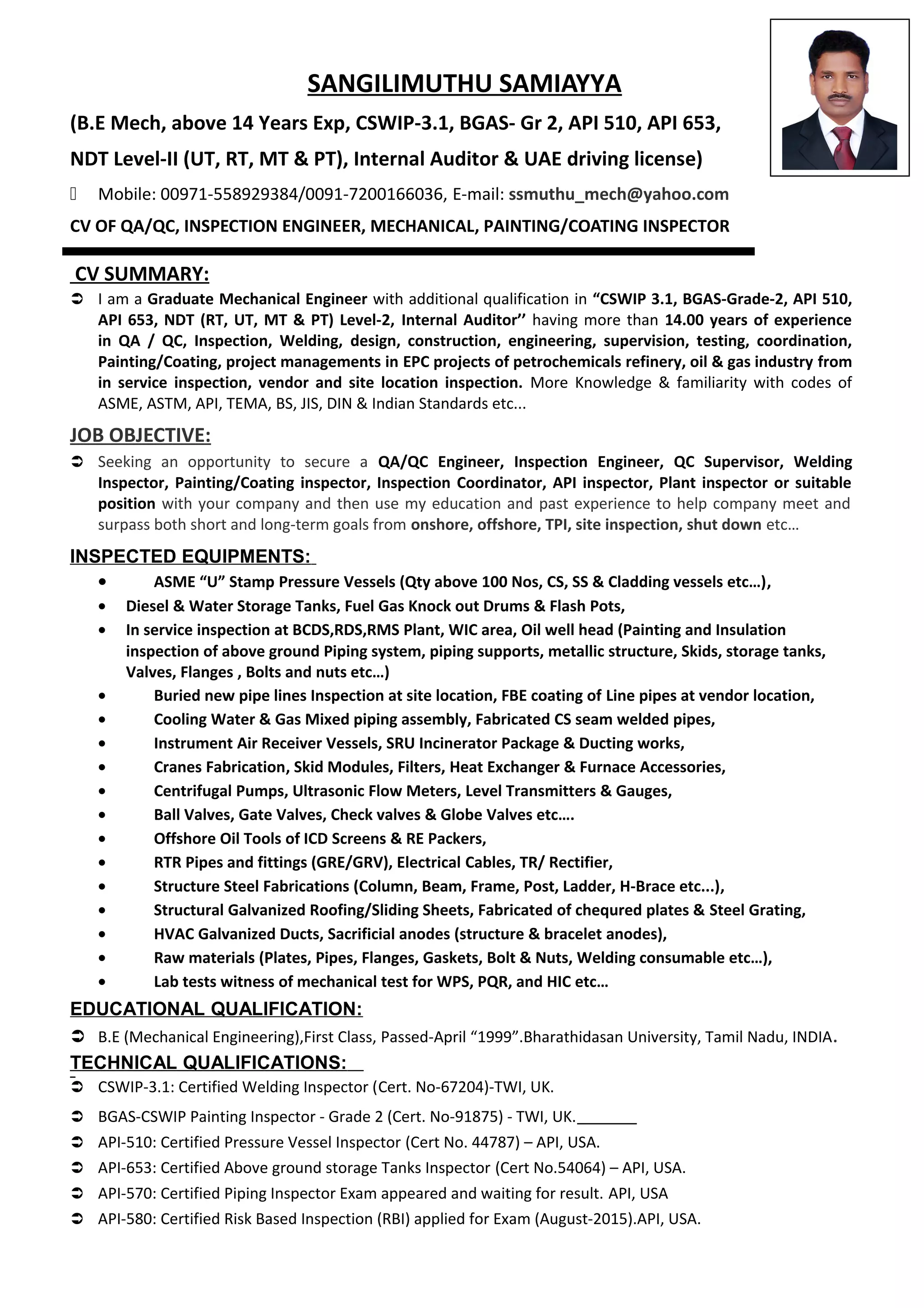 Cv of qaqc, inspection engineer, welding, painting & coating inspector. s.sangilimuthu | DOC