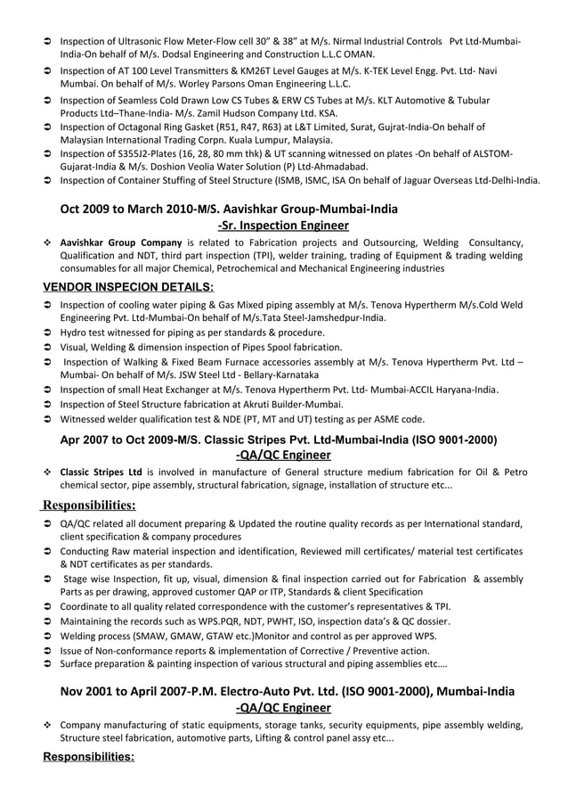 Cv of qaqc, inspection engineer, welding, painting & coating inspector ...
