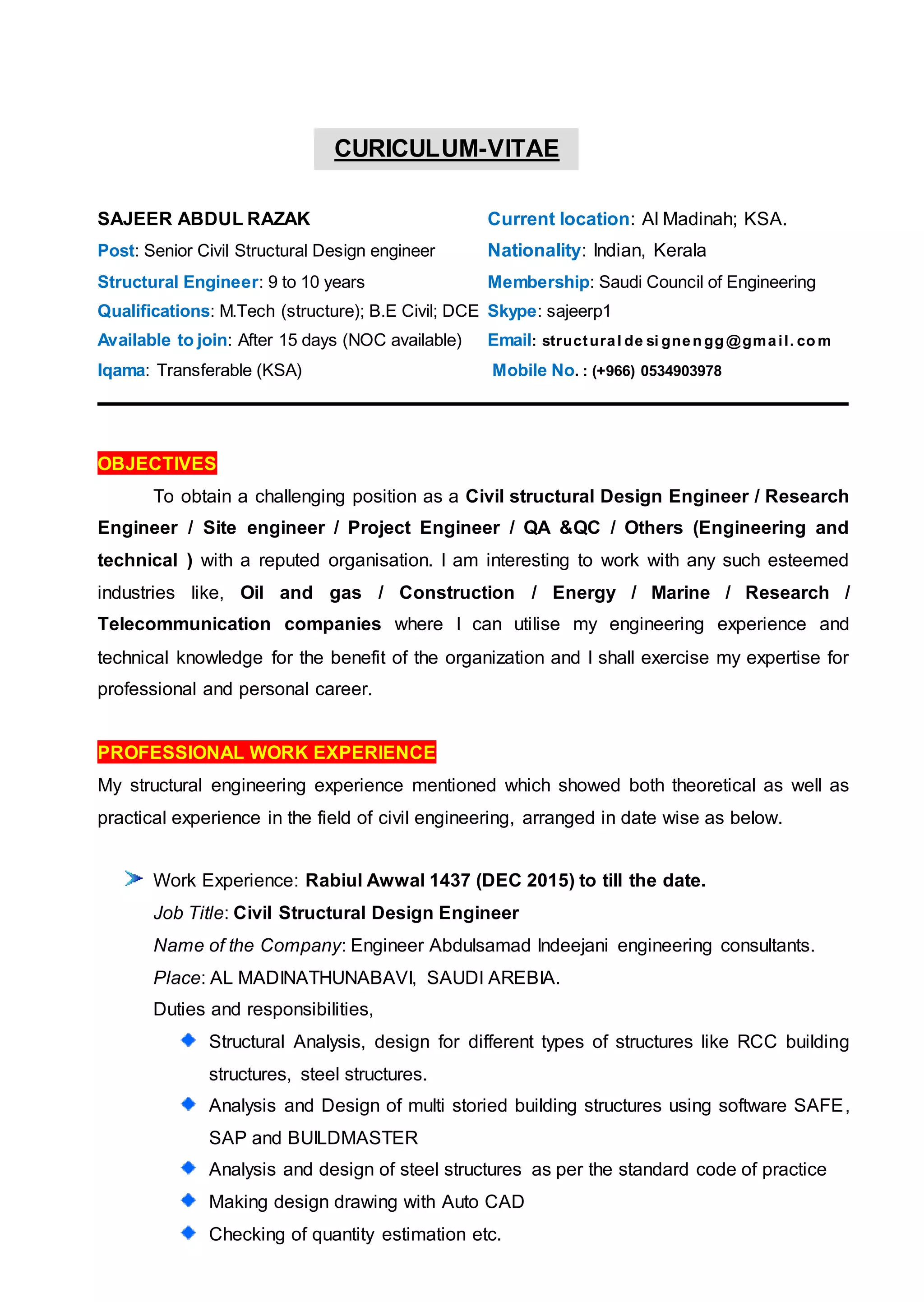 Cv of civil structural design engineer | DOCX