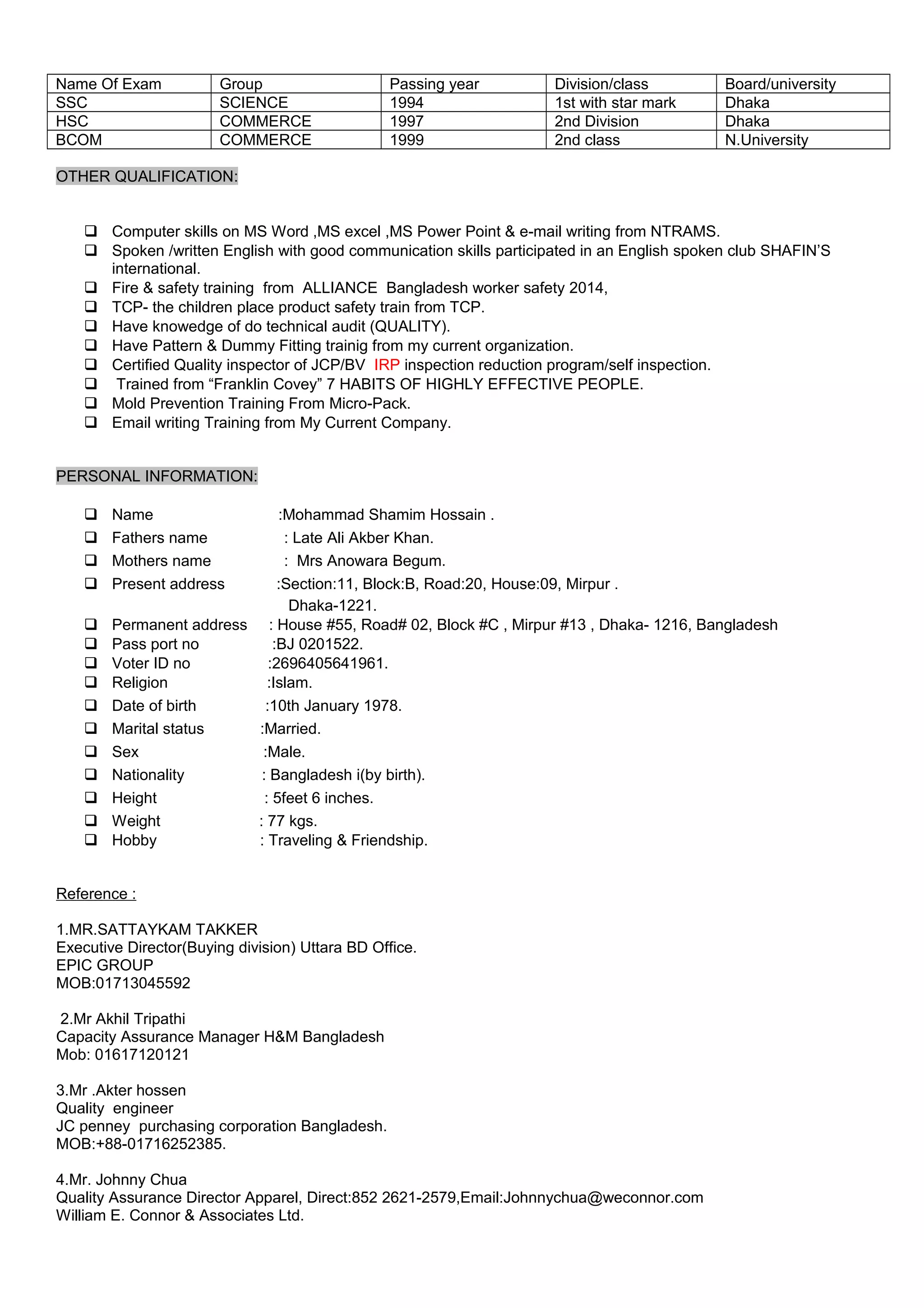 Cv of shamim we.connor updated 8th aug | DOC