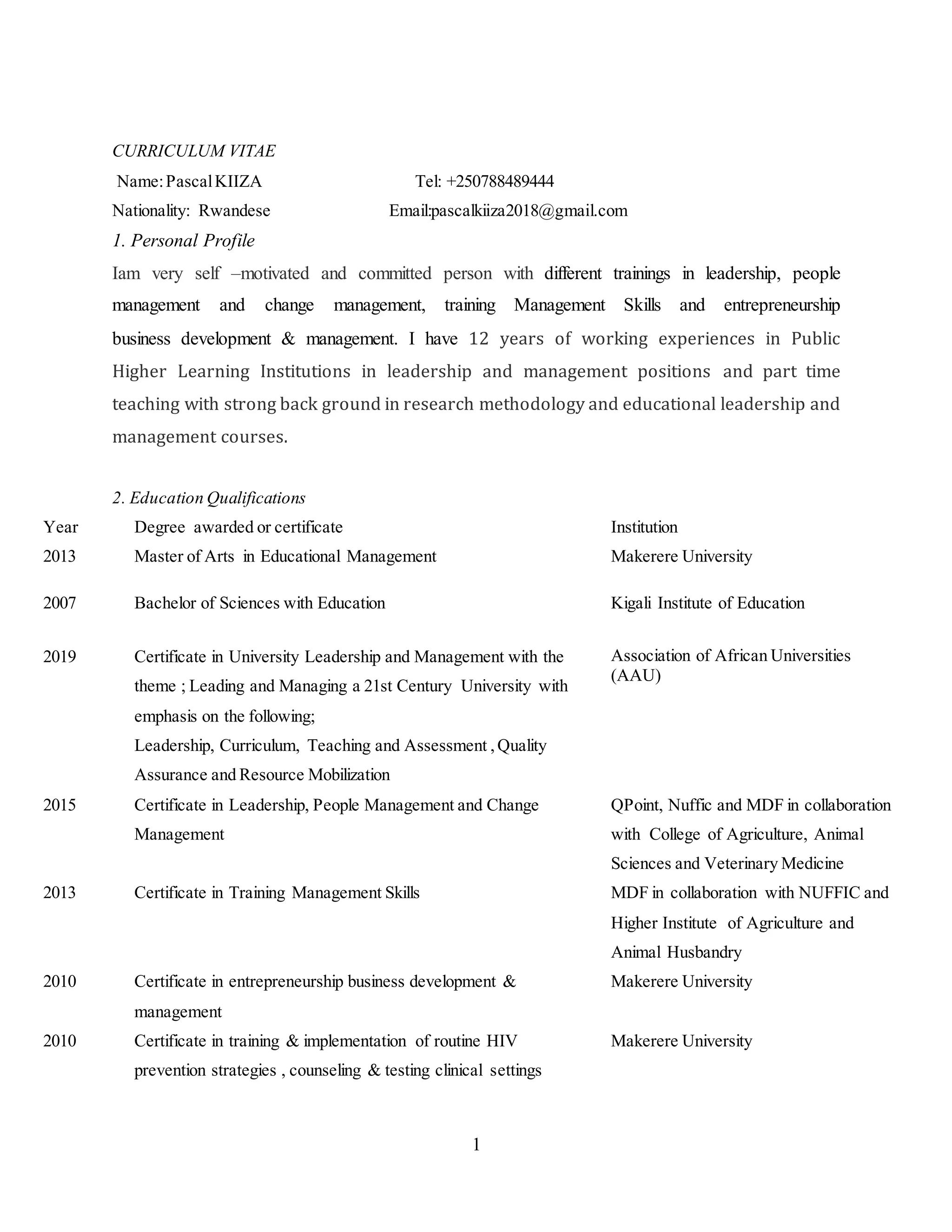 Cv pascal kiiza | PDF