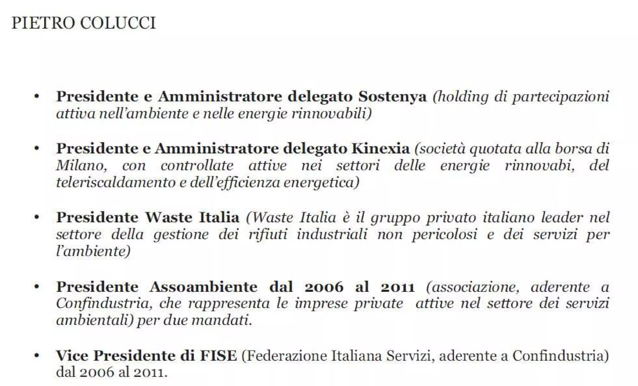 Pietro Colucci incarichi - Kinexia, Waste Italia, Sostenya | PDF