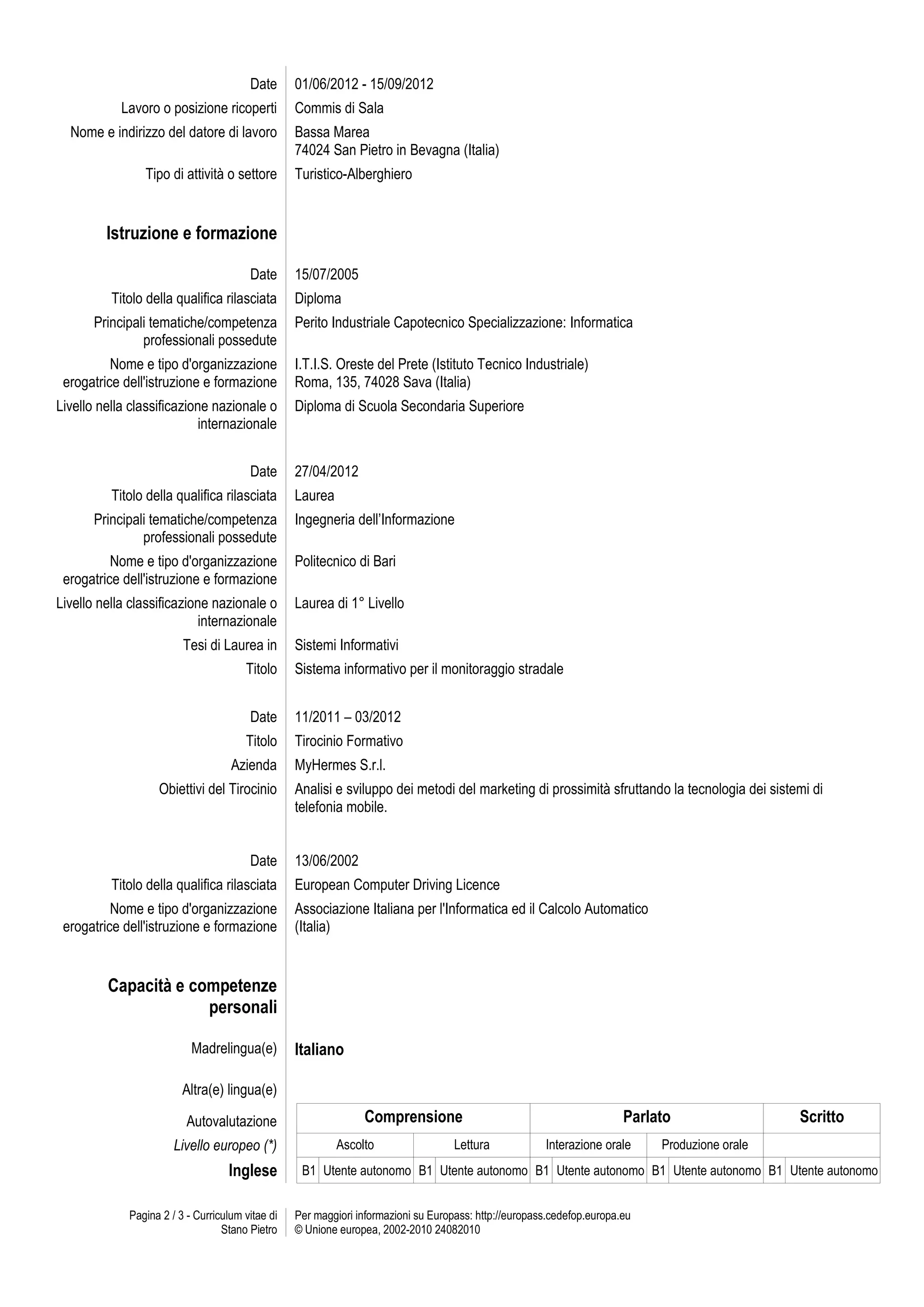 Cv pietro stano | PDF
