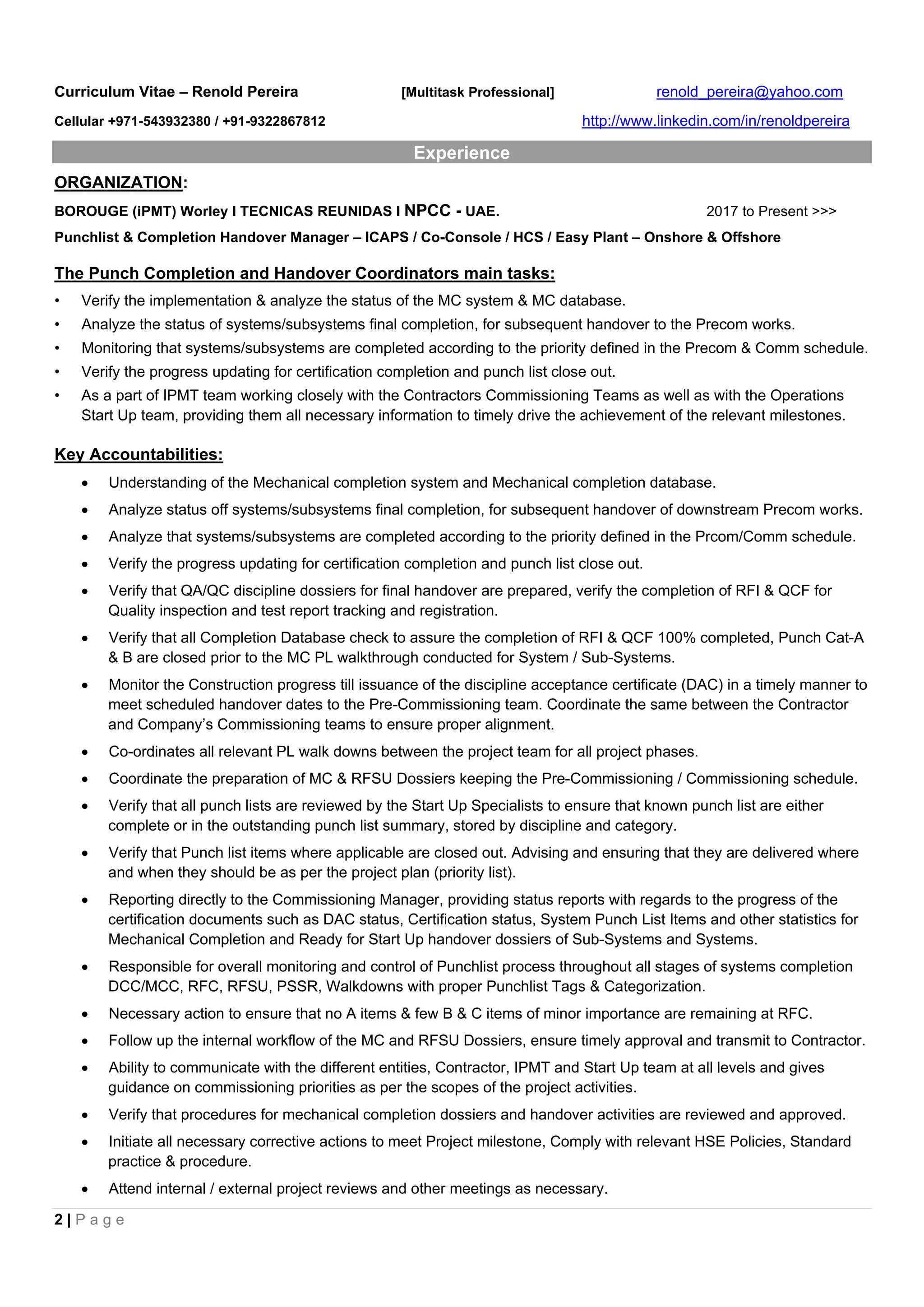 PUNCH LIST COMPLETION MANAGER & SYSTEM HANDOVER LEADER (IPMT) | PDF