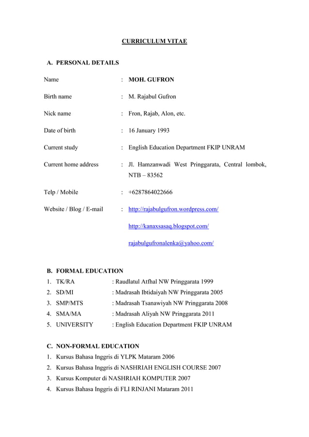 Contoh Curriculum Vitae | DOCX | Technology & Computing