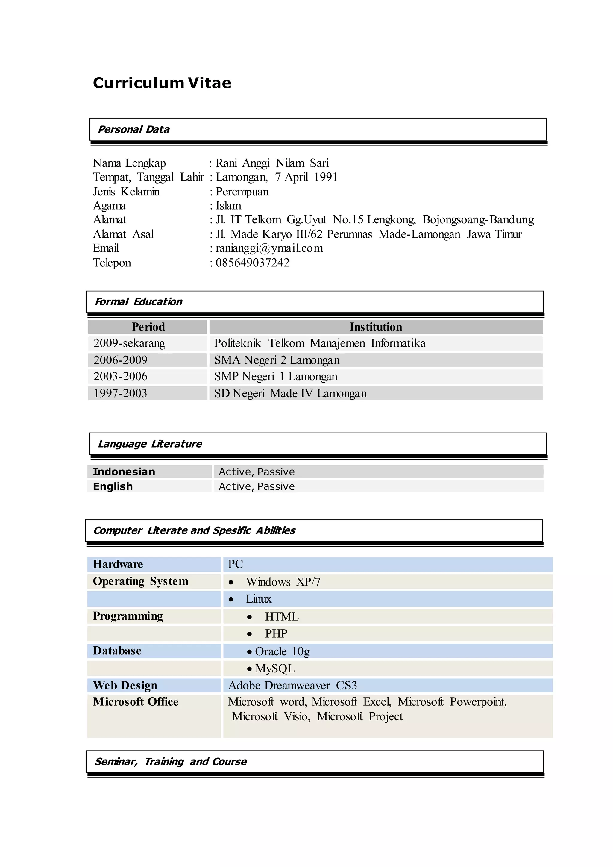 Cv rani anggi nilam sari | DOCX | Computing | Technology & Computing