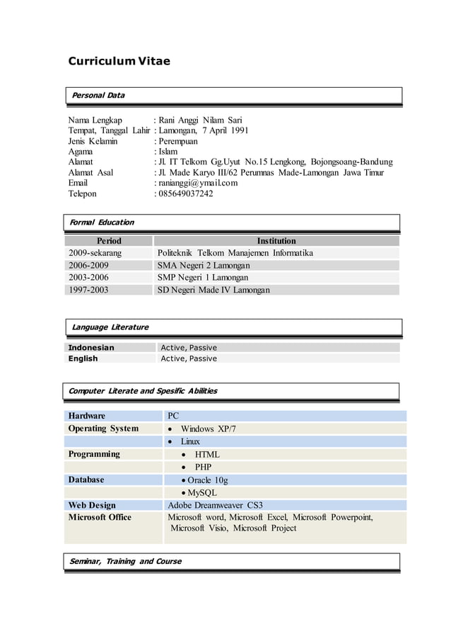 Cv rani anggi nilam sari | DOCX | Computing | Technology & Computing