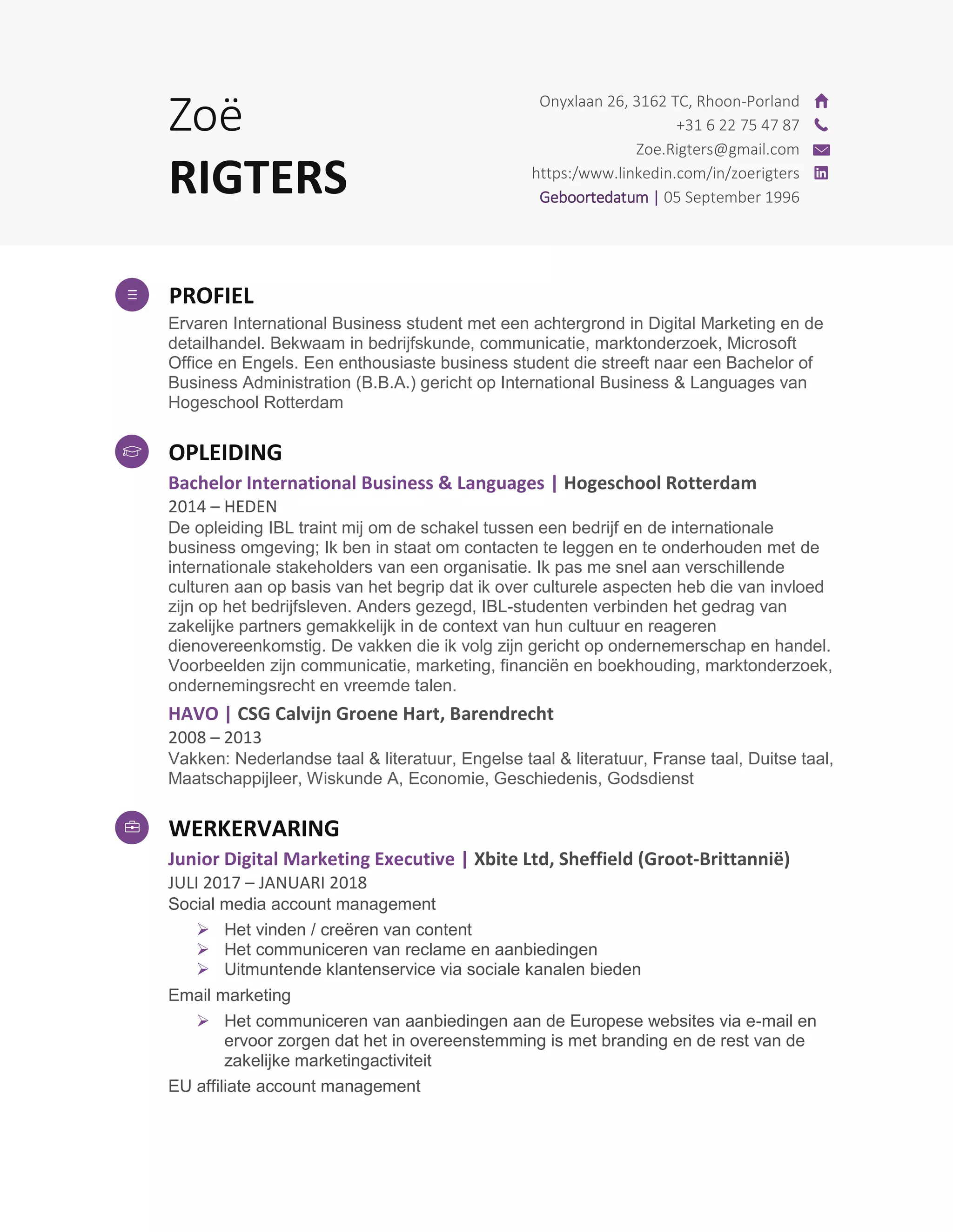 CV Zoë Rigters NLD (2018) | PDF