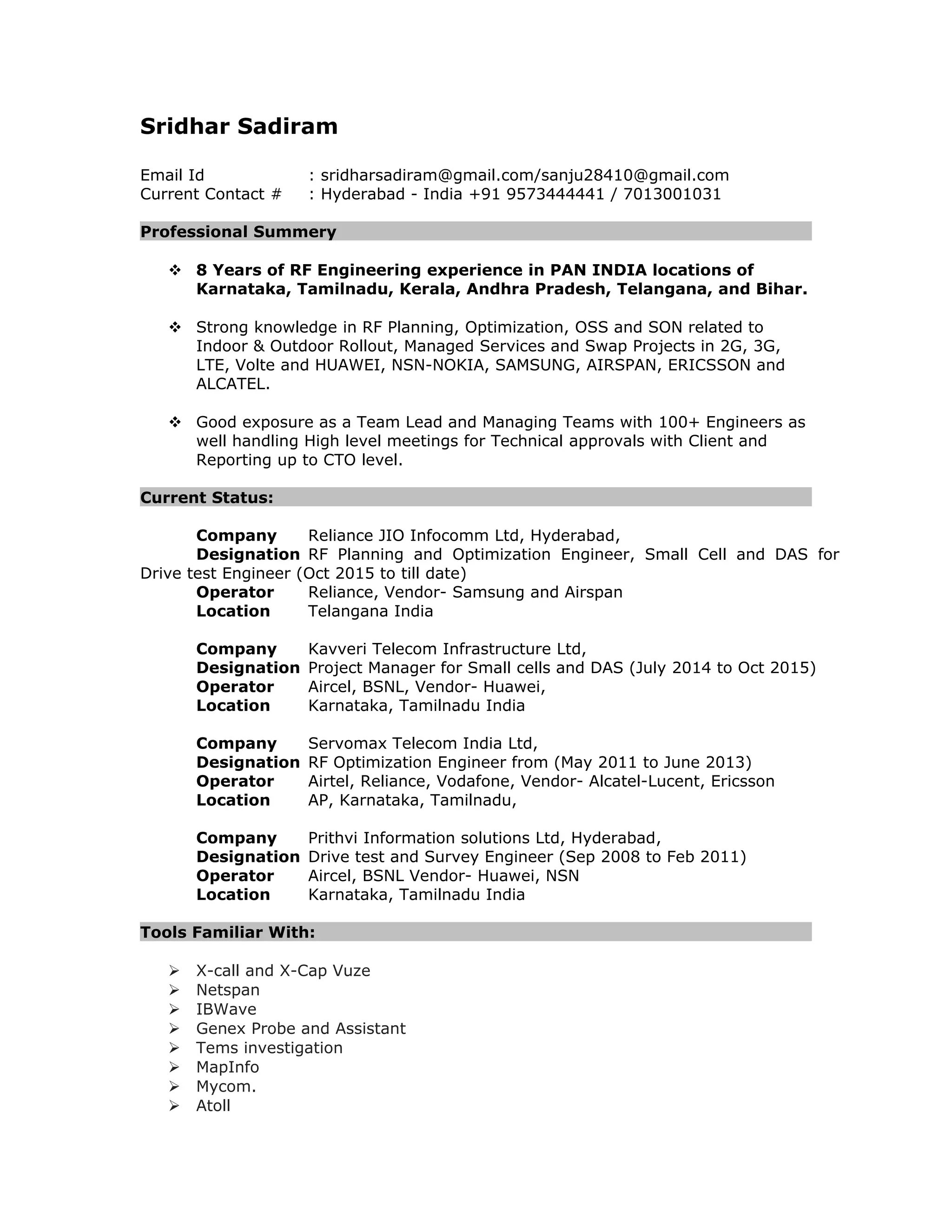 Cv rf 8 years experience sridhar | DOC