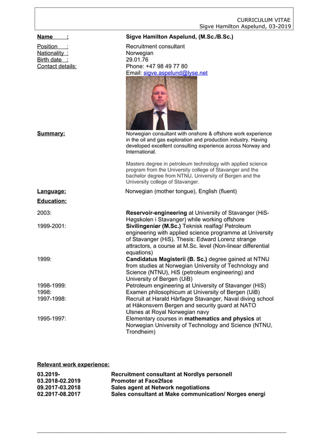 Cv sigve hamilton aspelund 032019 sv | PDF
