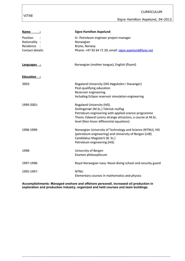 Cv sigve hamilton aspelund 042012 | PDF
