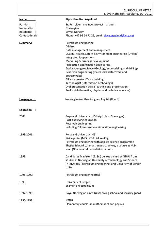CV Sigve Hamilton Aspelund 092012 | DOC | Civil Engineering Industry ...