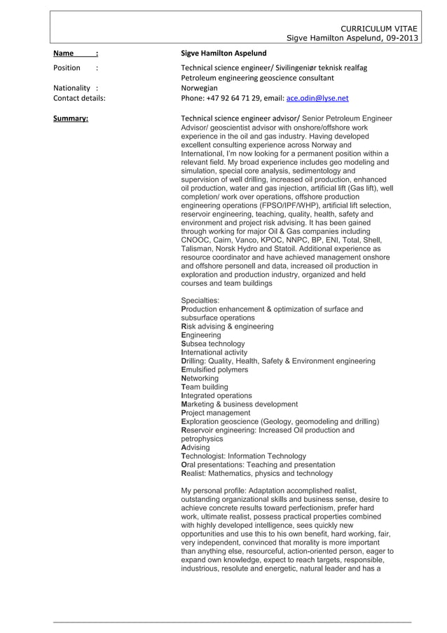 Cv Sigve Hamilton Aspelund 092013 | PDF