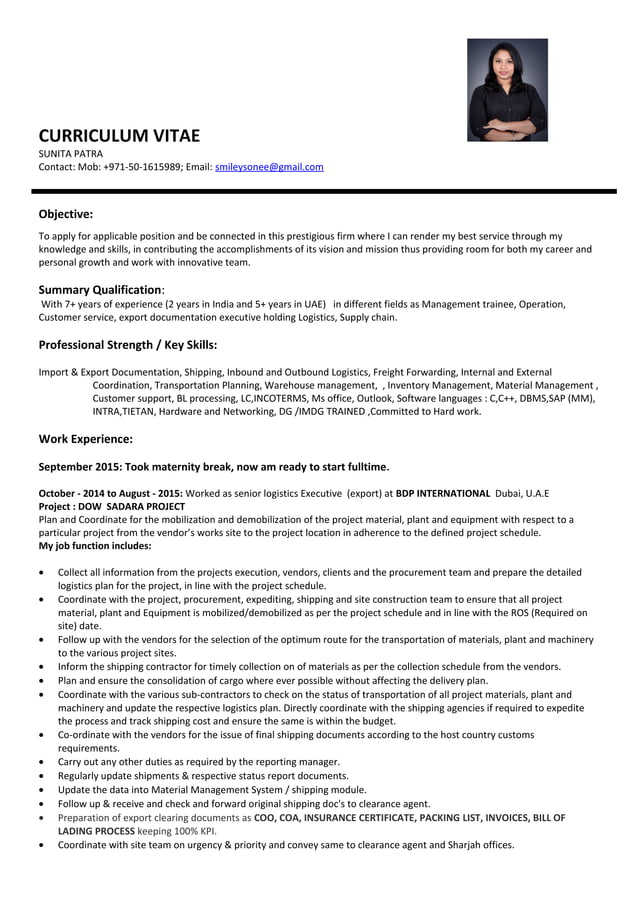 Cv sunita | DOC | Logistics and Transportation Industry | Industries