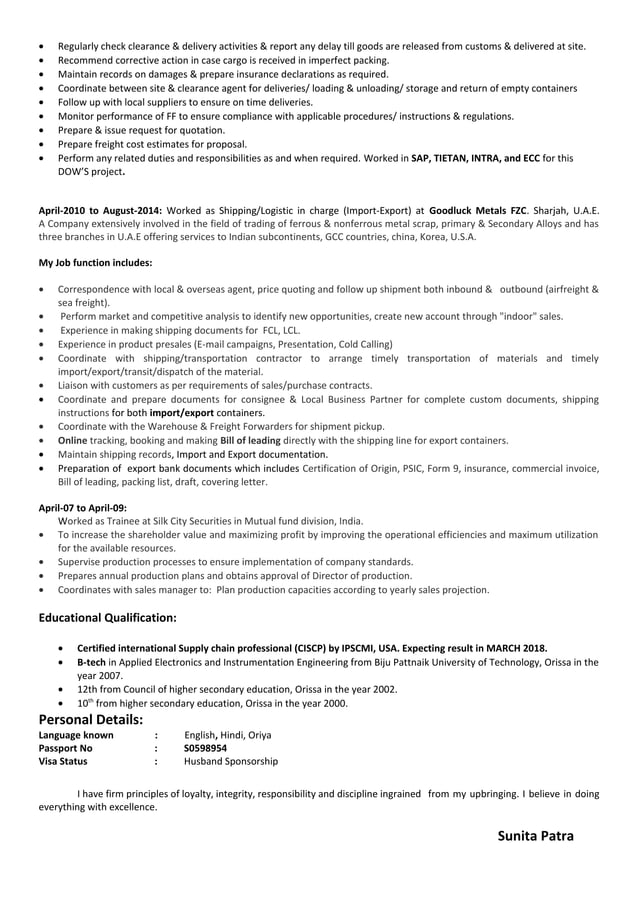 Cv sunita | DOC | Logistics and Transportation Industry | Industries