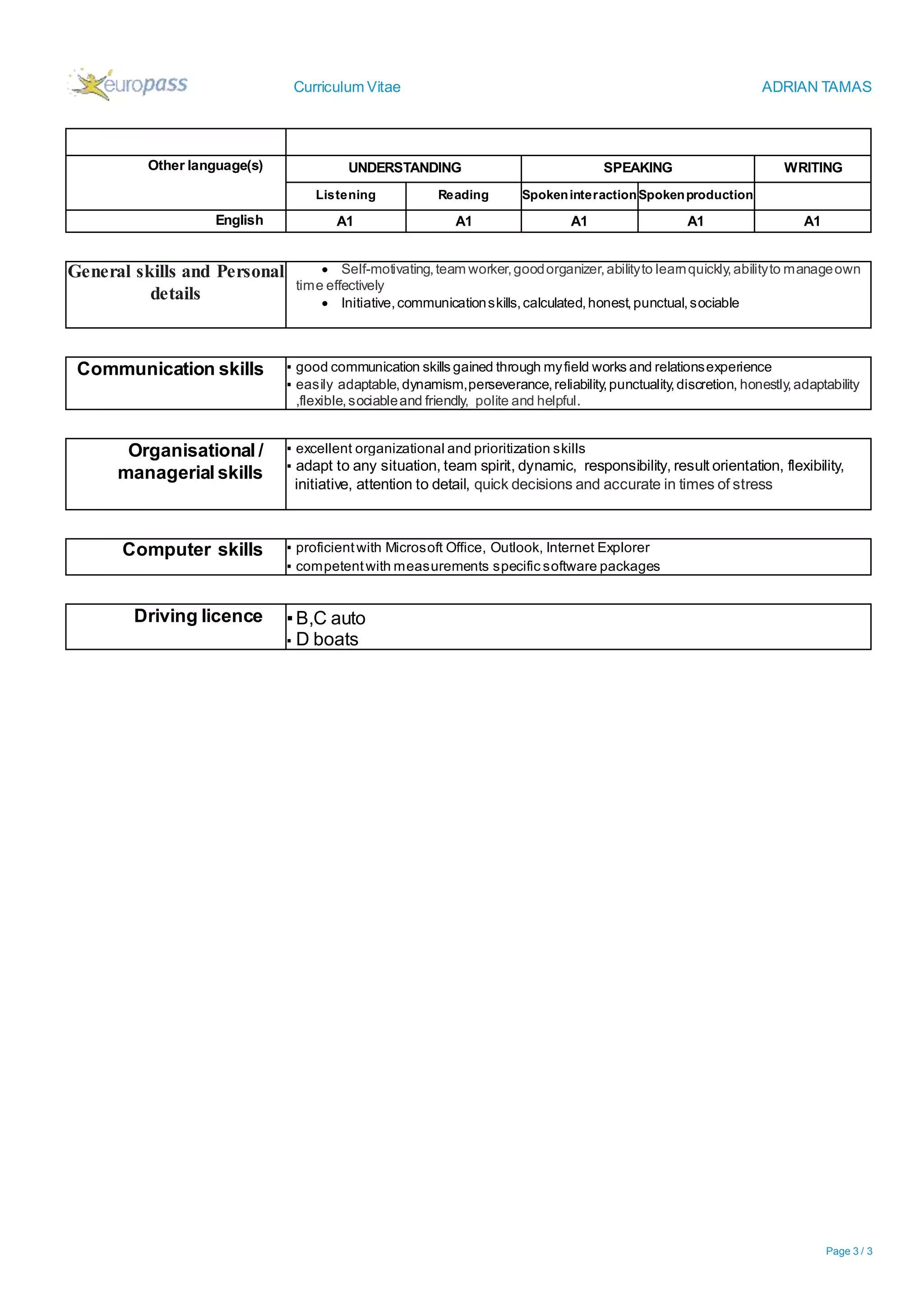 Cv tamas adrian | DOC | Business | Business and Finance