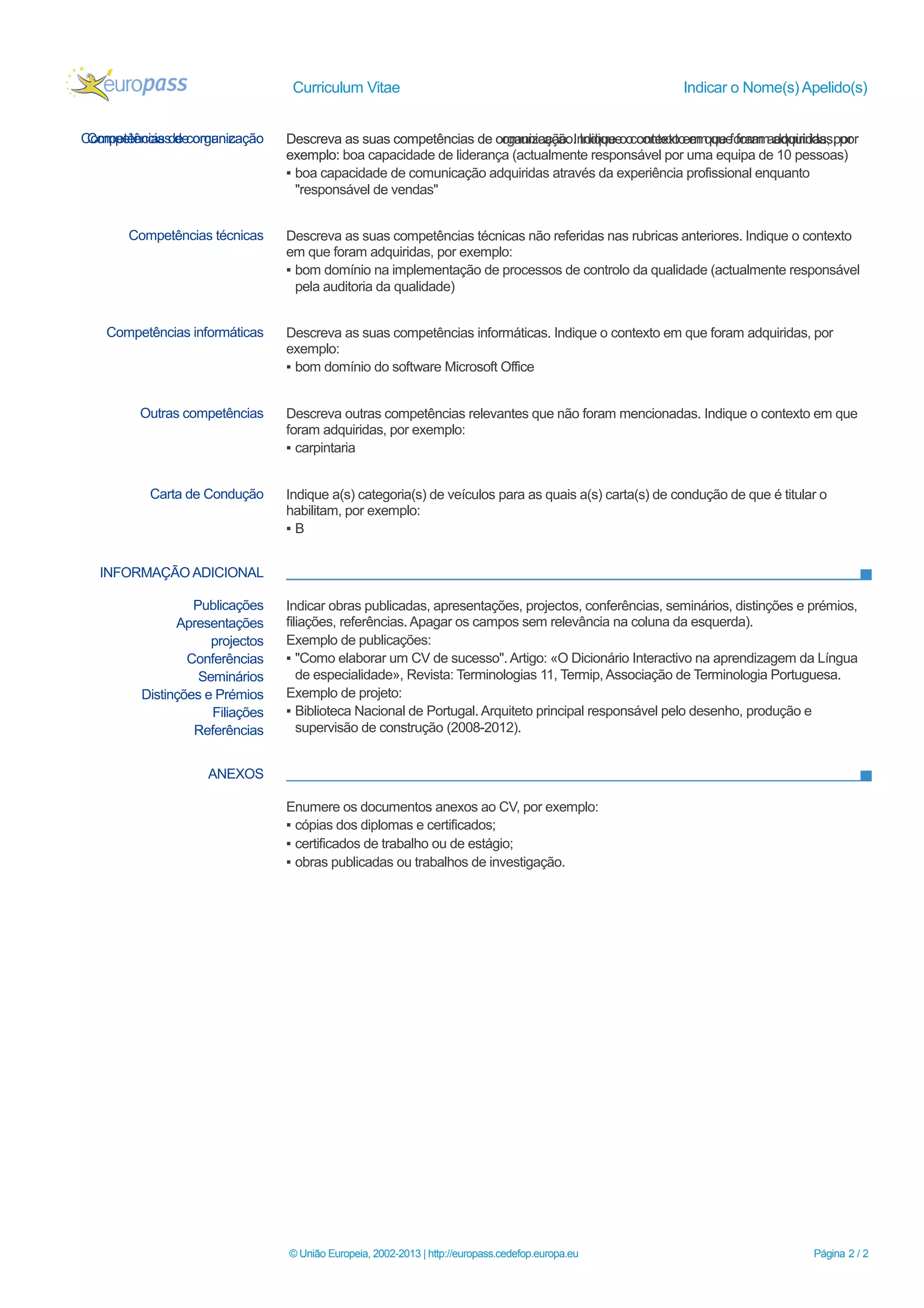 Modelo de curriculum vitae europeu (word) | DOC