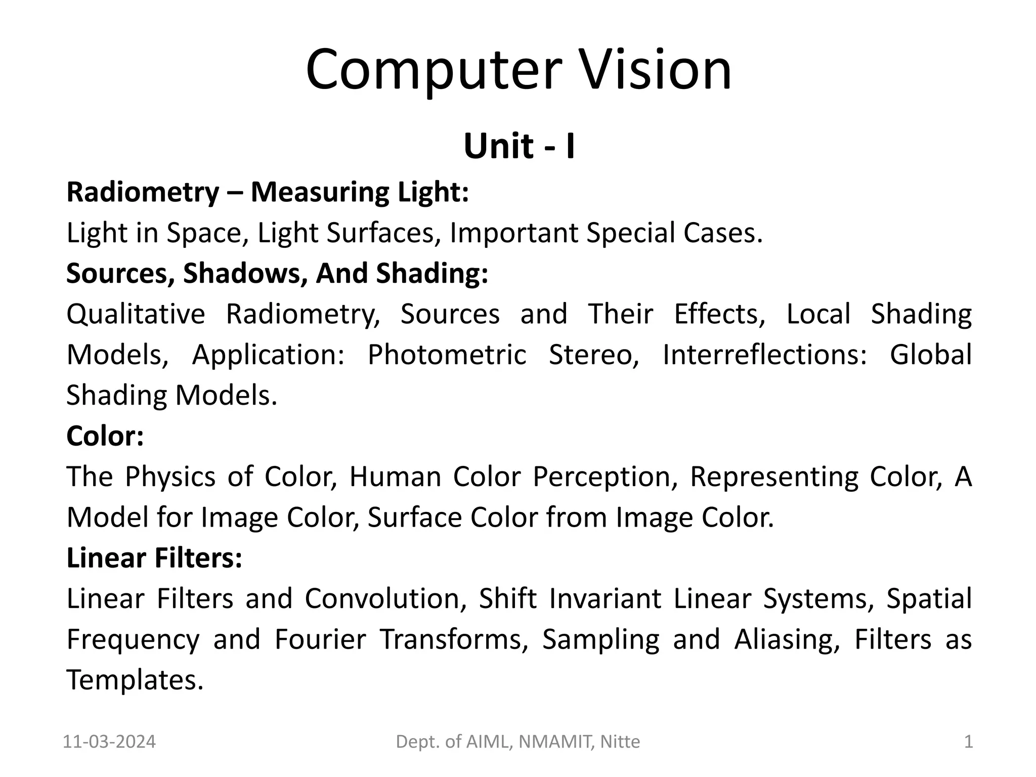 CV_Unit 1.Introduction Light in space Linear Filters | PPT