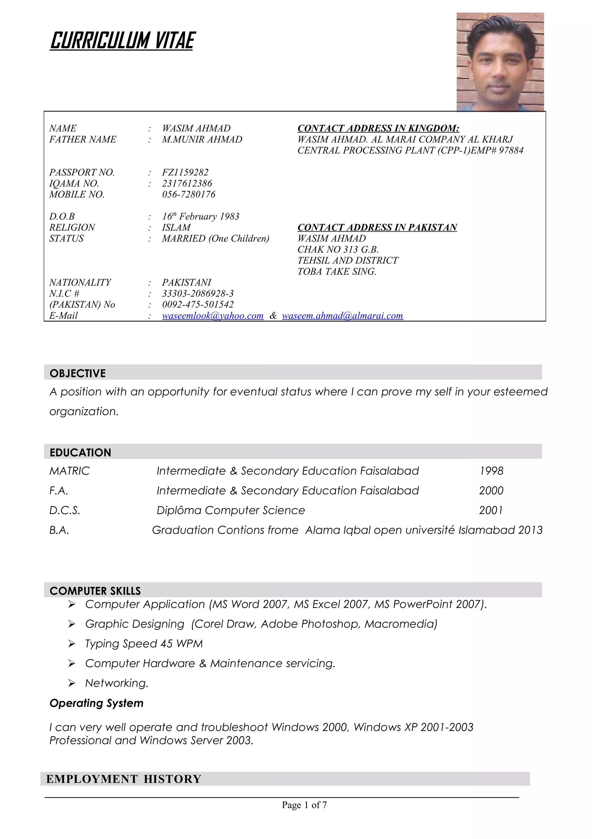 Cv update wasim 06-04-2015 | DOC | Human Resources | Business