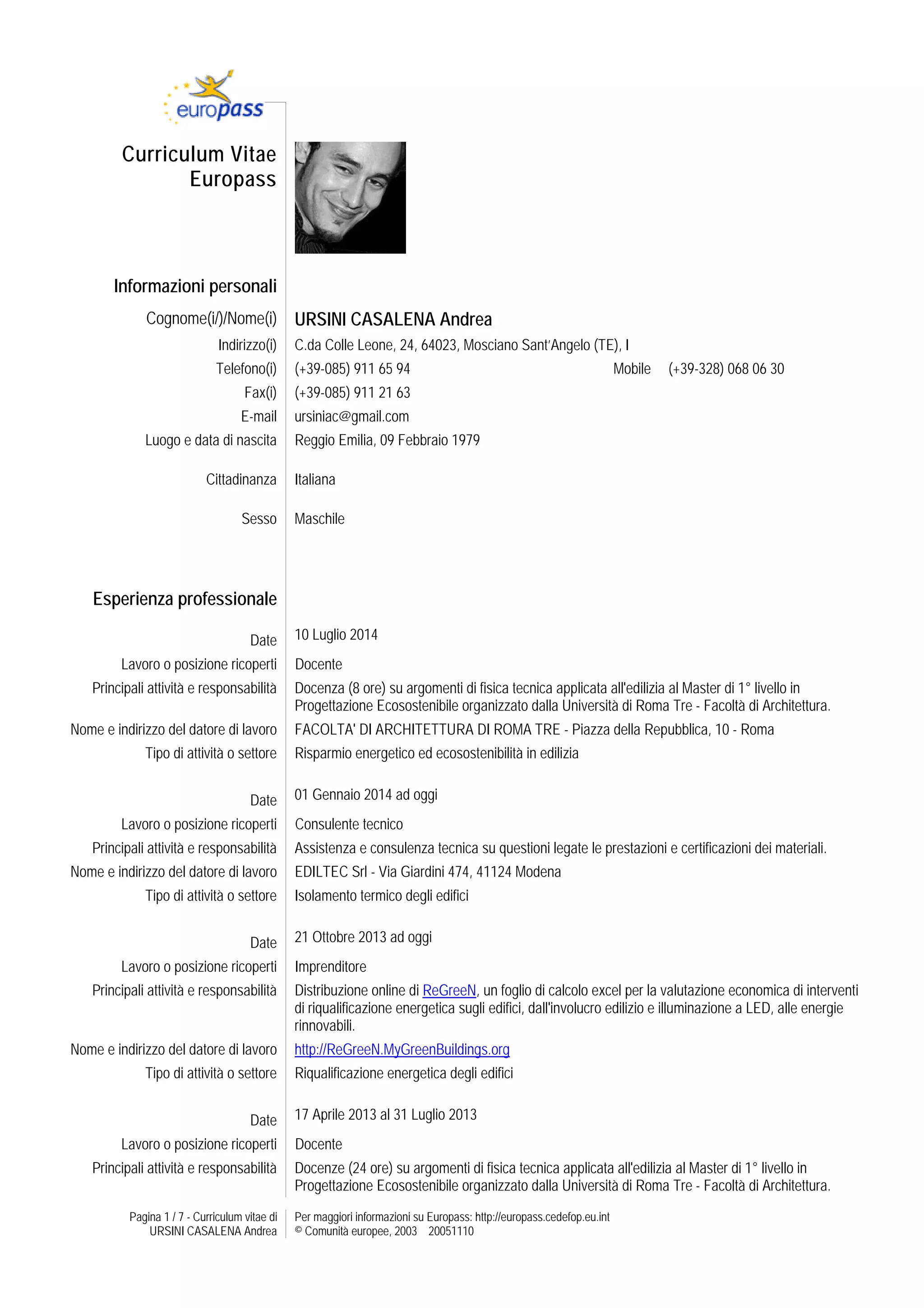 Ursini Casalena Andrea CV Curriculum Vitae | PDF
