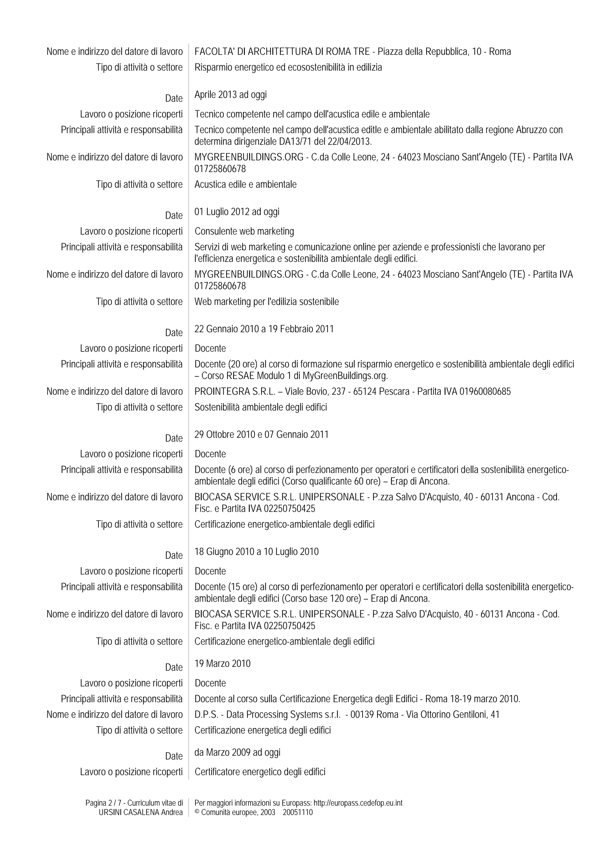 Ursini Casalena Andrea CV Curriculum Vitae | PDF