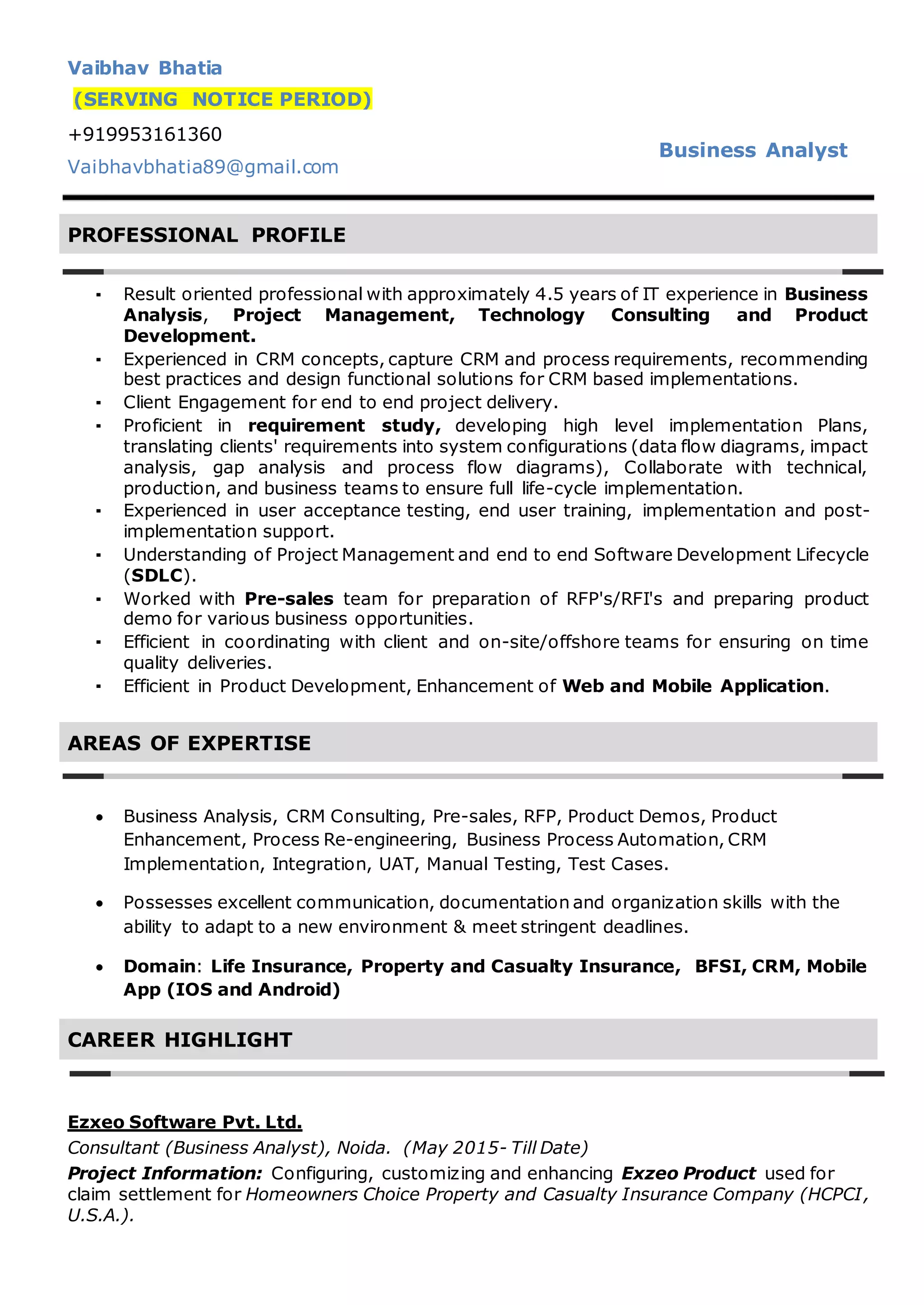 Cv vaibhav bhatia business analyst | DOCX