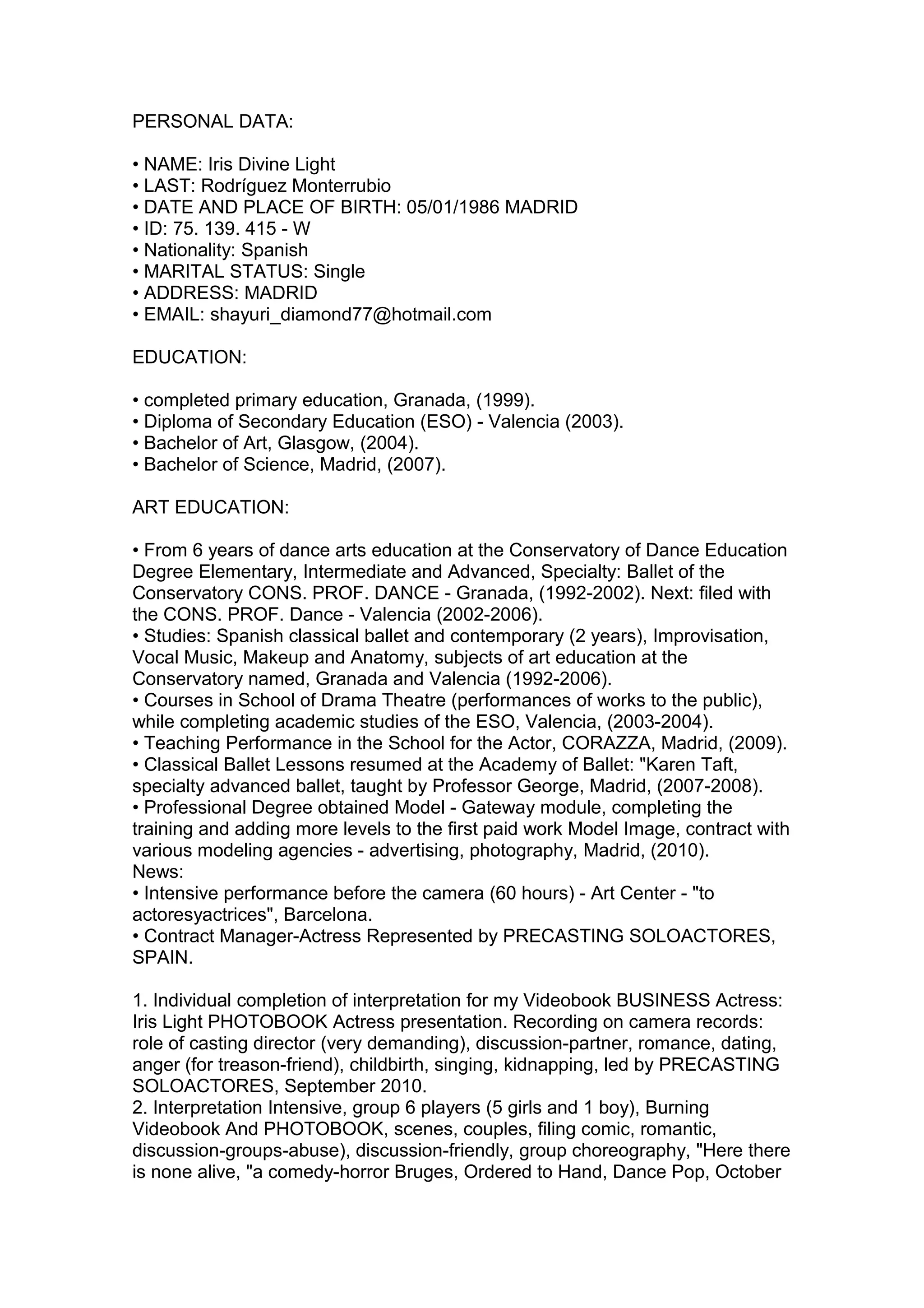 Cv Vitae Artistico Actriz Iris Luz 2010 Ingles | PDF | Free Download