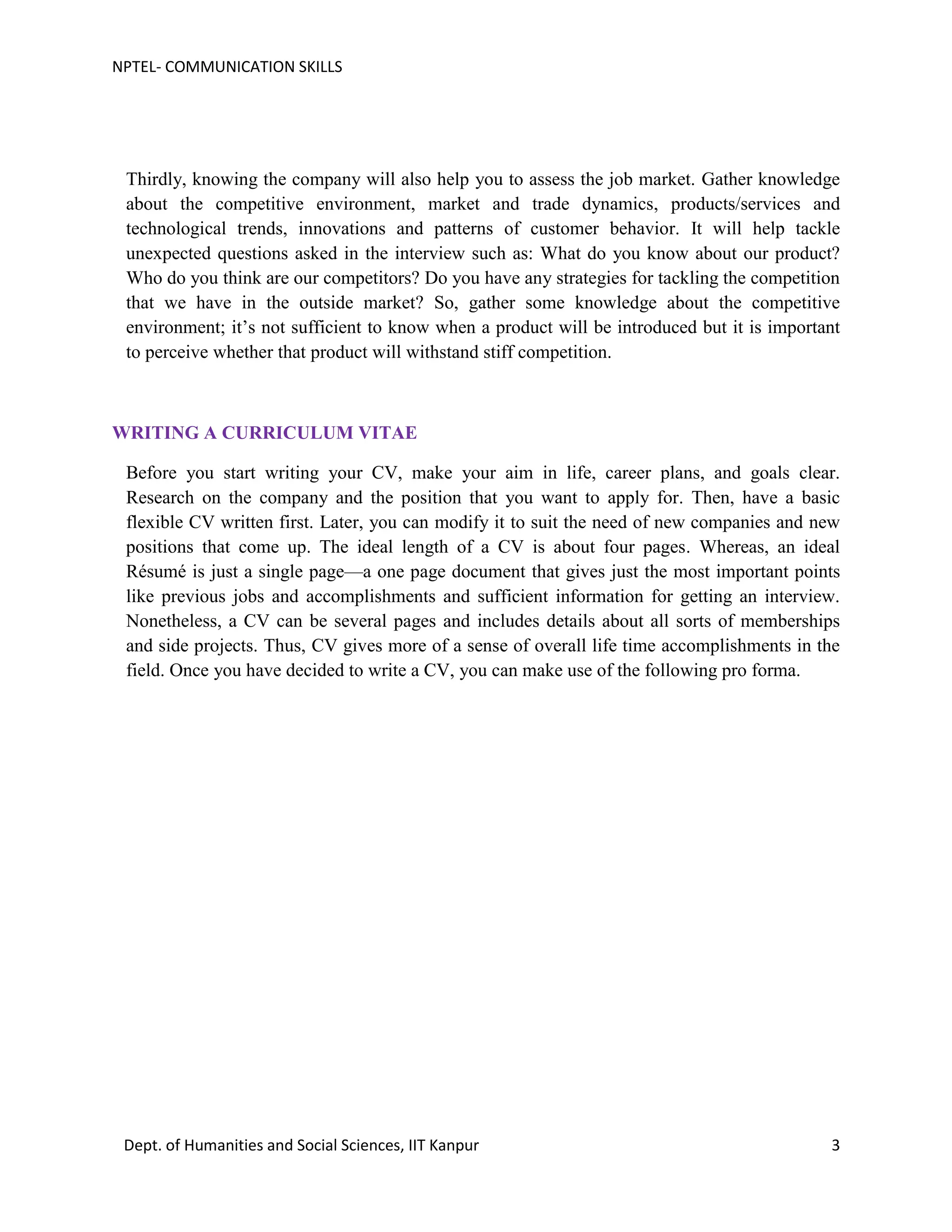 cv writing nptel.pdf | Resume Writing and Advice | Job Search