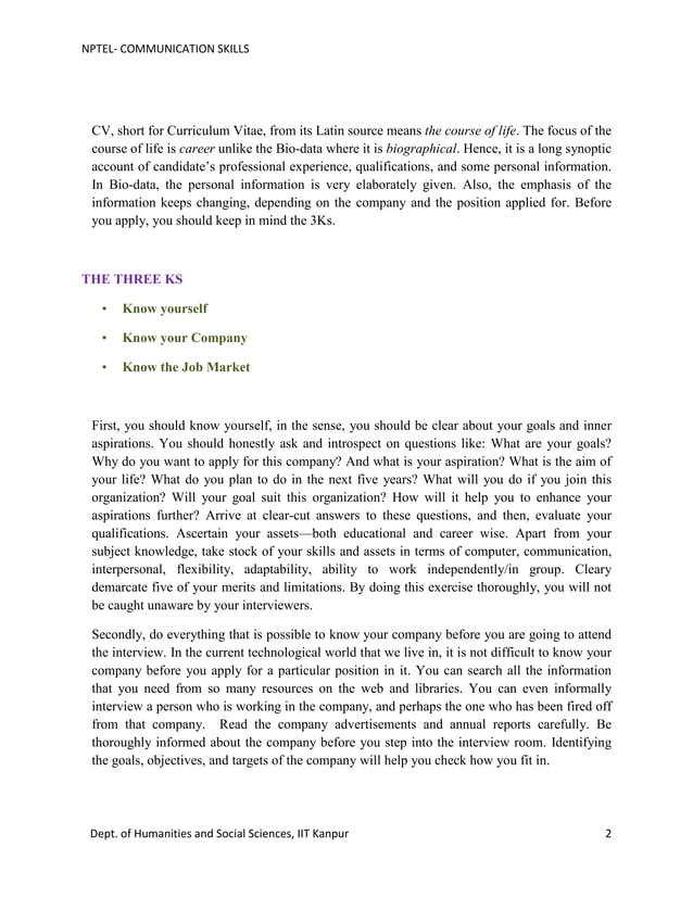 cv writing nptel.pdf | Resume Writing and Advice | Job Search