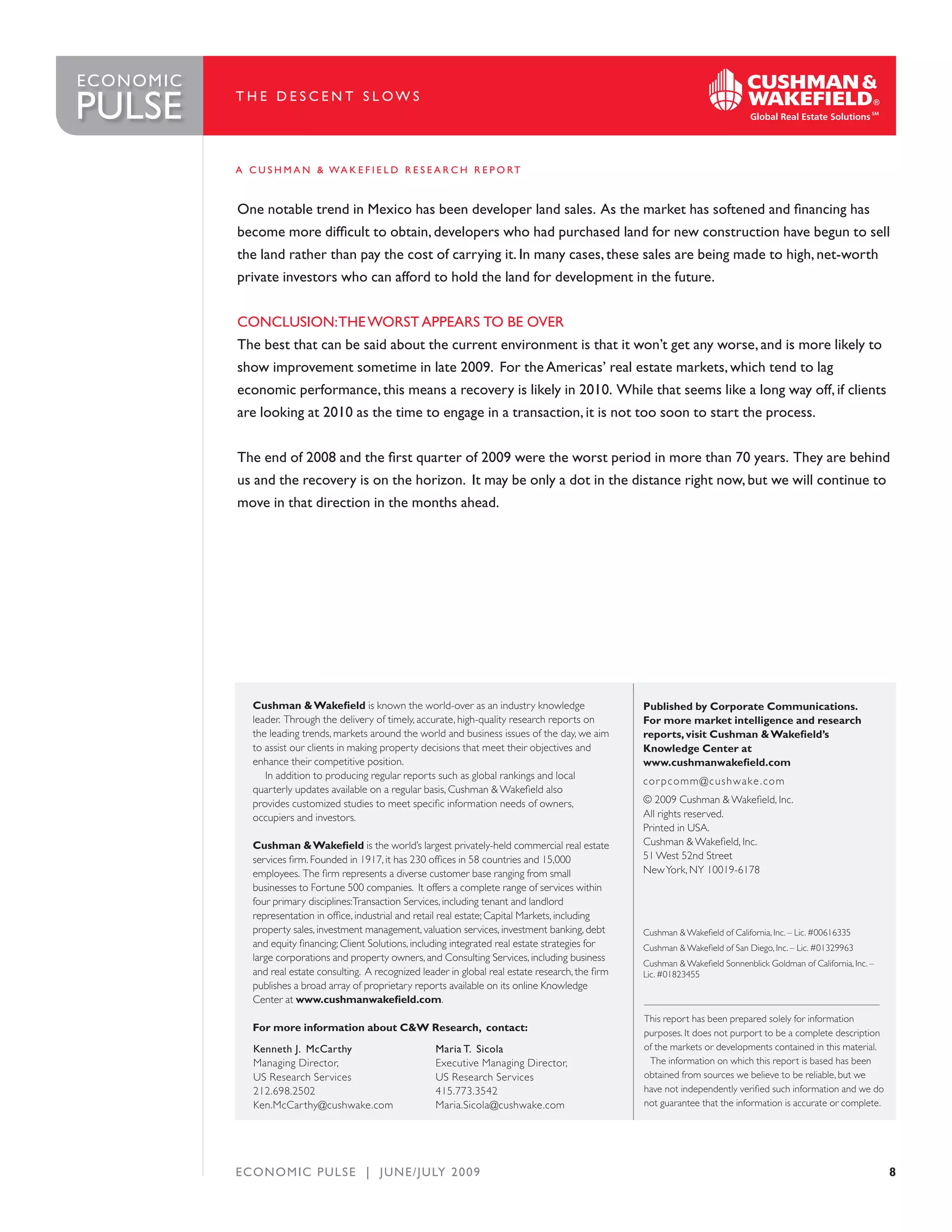 Cushman & Wakefield Economic Pusle 2009 | PDF