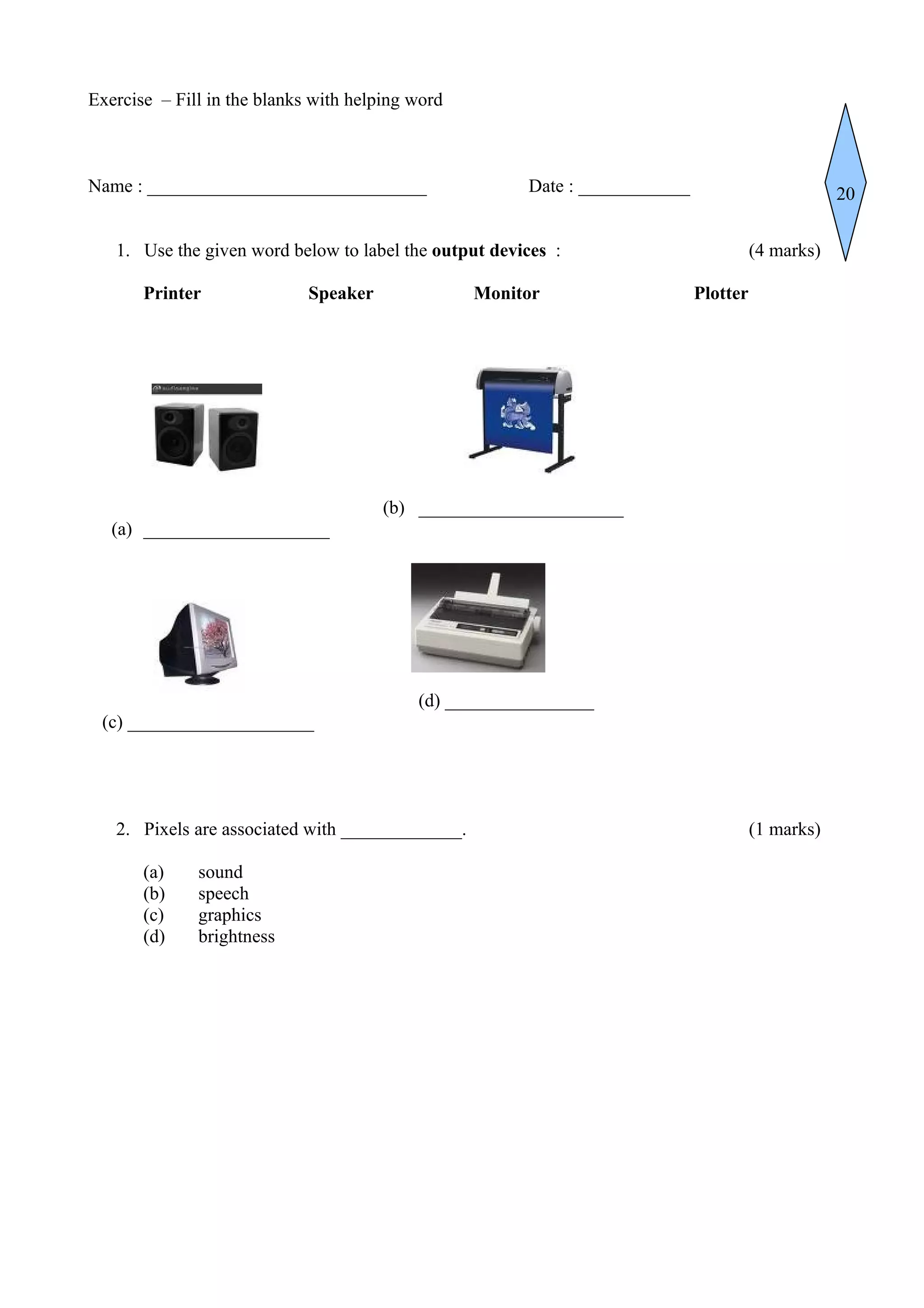 Output Devices In-Class Worksheet (Easy) | DOC