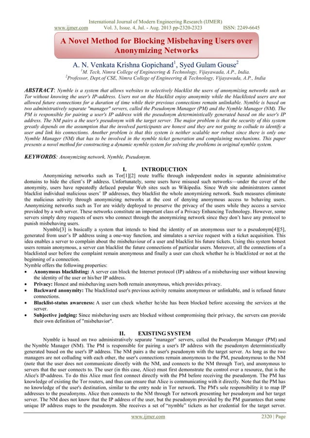 A Novel Method for Blocking Misbehaving Users over Anonymizing Networks | PDF