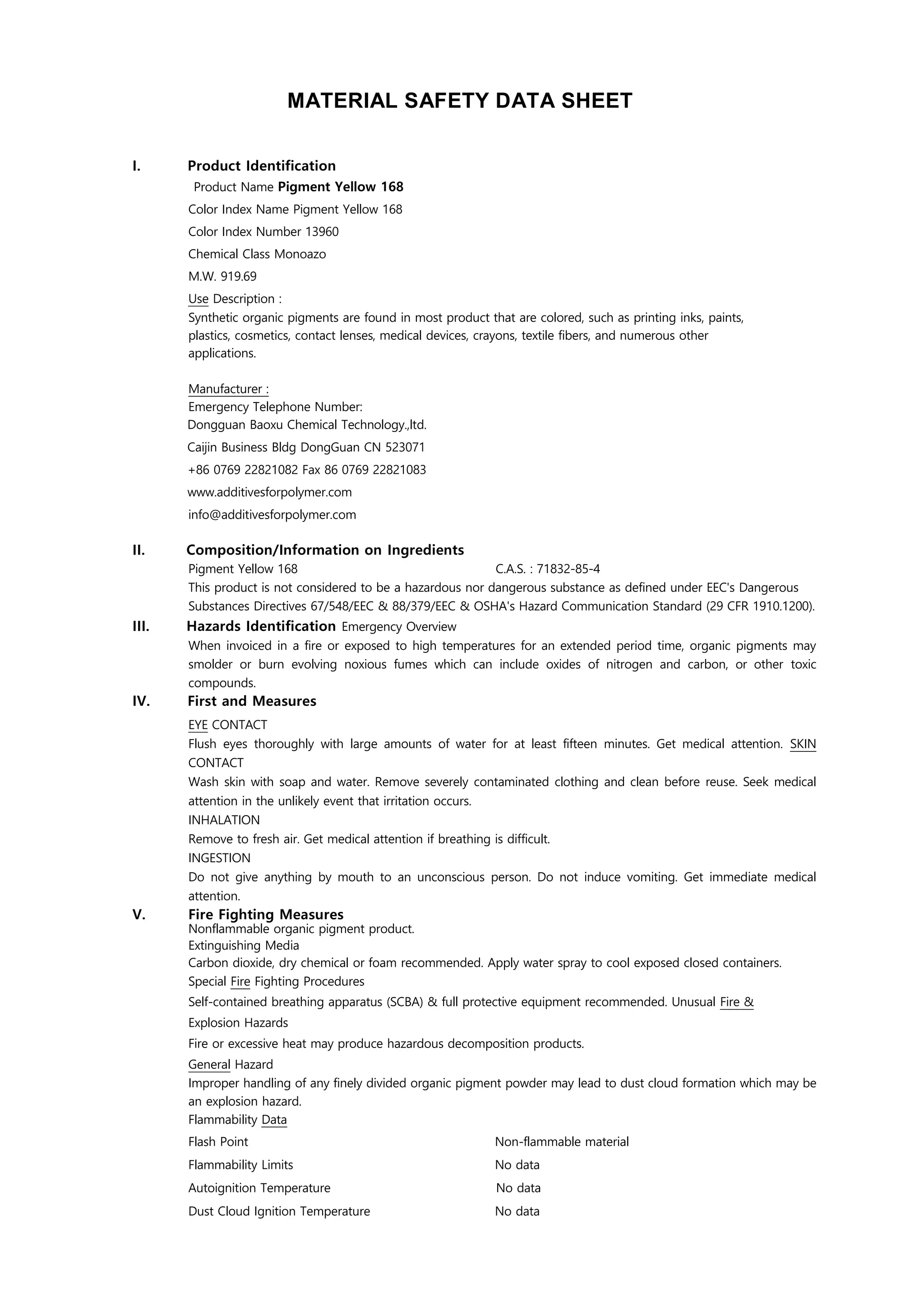 Pigment yellow 168 cas 71832 85-4 safety data sheet msds sds baoxu ...