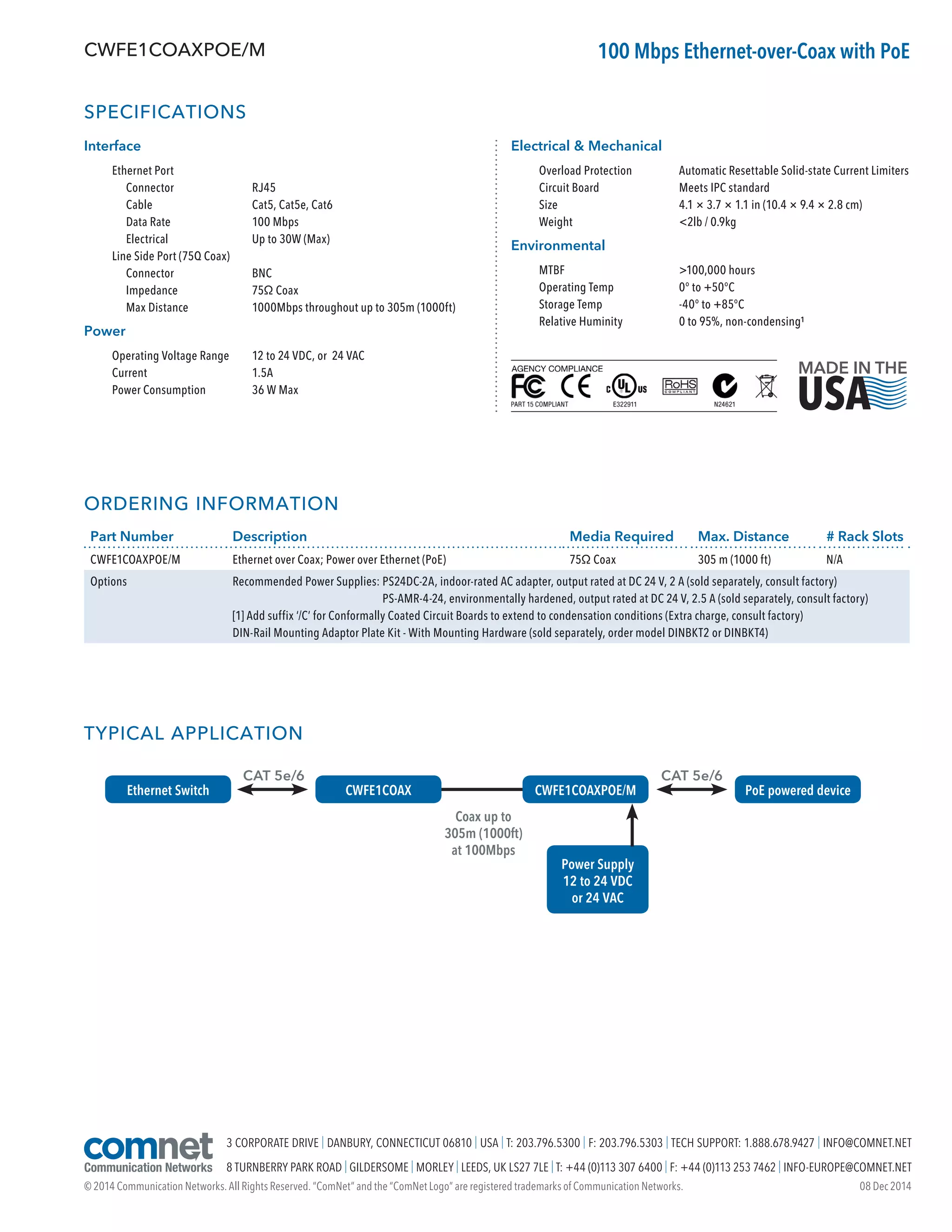 ComNet CWFE1COAXPOEM Data Sheet | PDF | Computer Networking | Computing