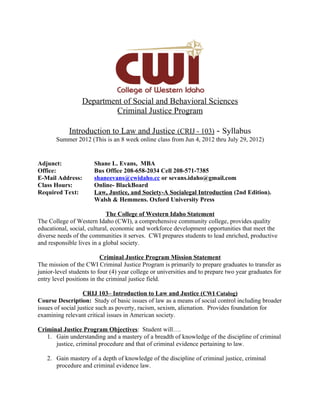 Cwi crij 103 intro to law and justice summer 2012 syllabus | PDF