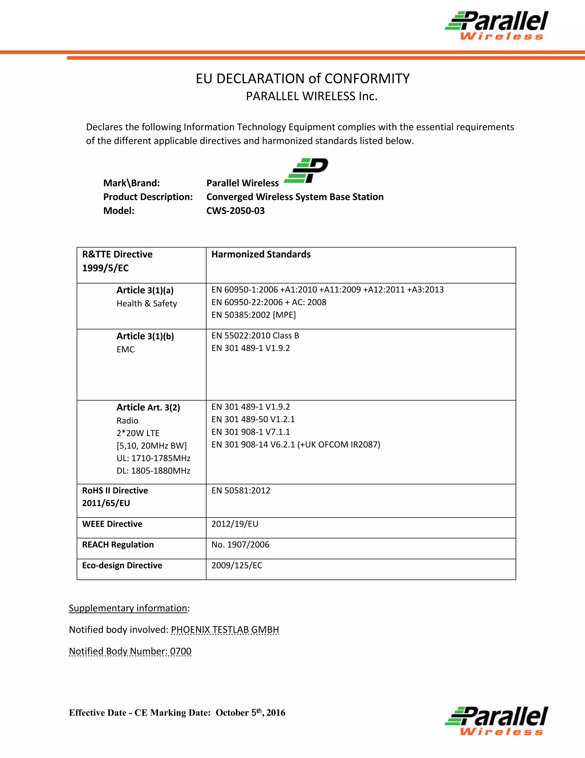 EU Declaration of Conformity - Parallel Wireless | PDF