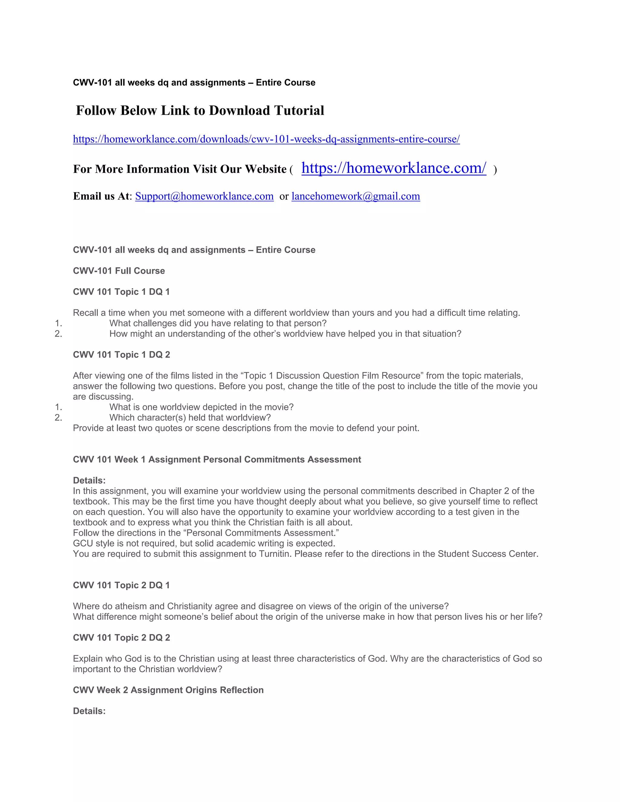 Cwv 101 all weeks dq and assignments – entire course | PDF