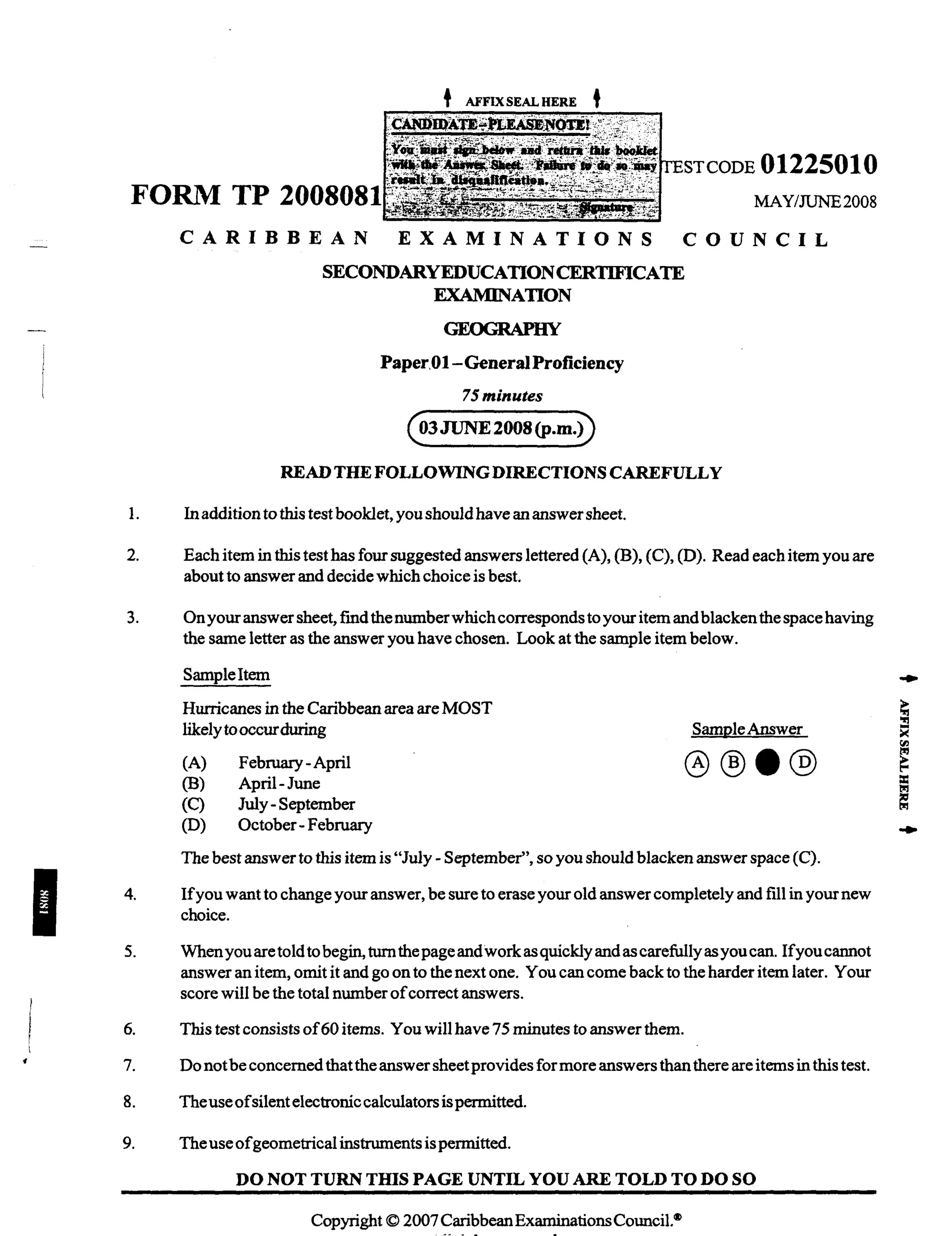 CSEC GEOGRAPHY 2008 multiple choice past paper (1) | PDF