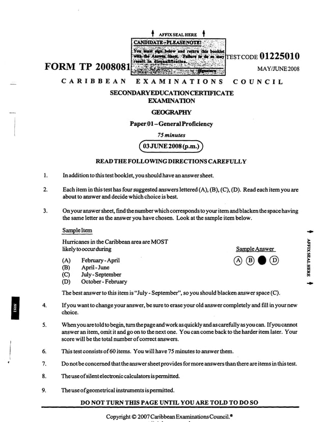 CSEC GEOGRAPHY 2008 multiple choice past paper (1) | PDF