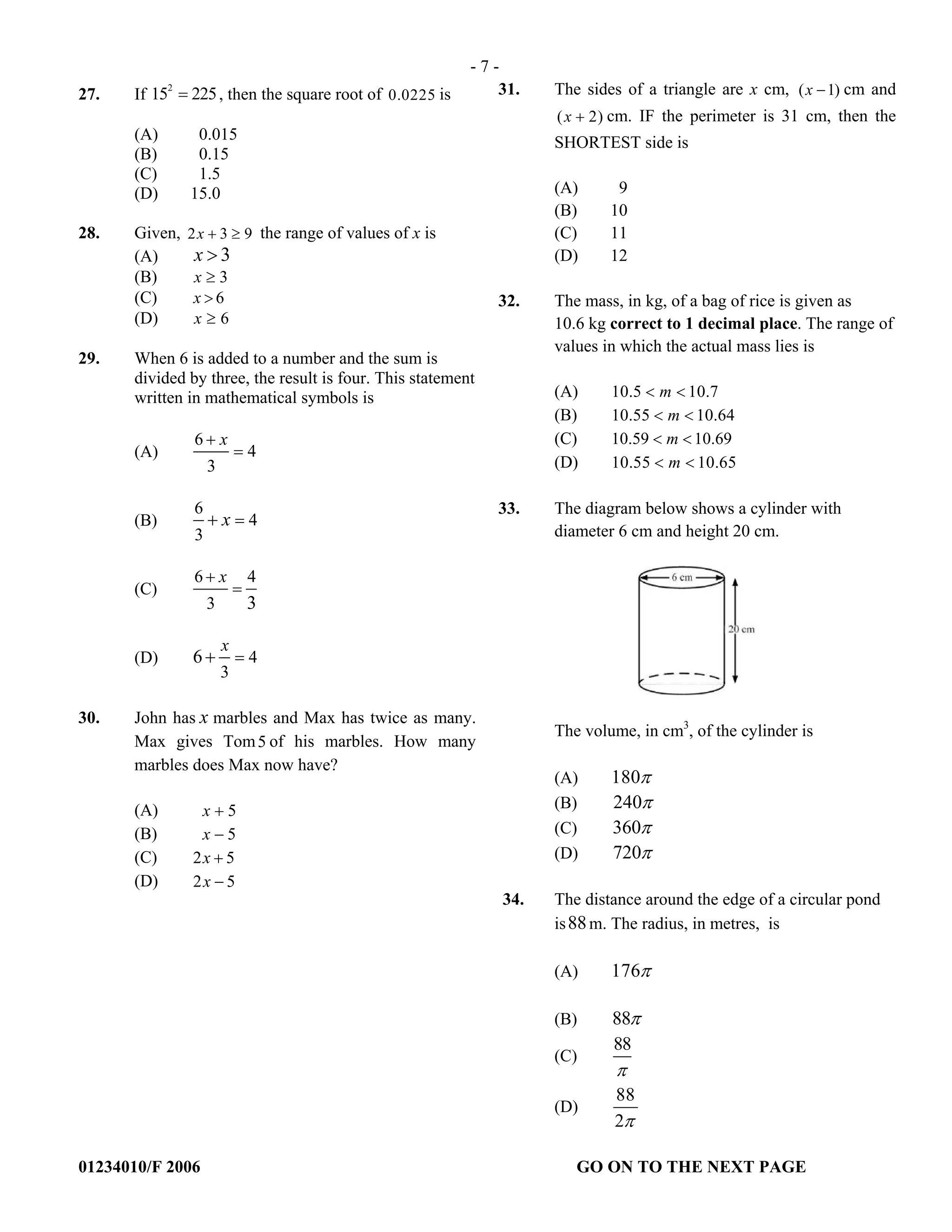 CXC MATHEMATICS MULTIPLE CHOICE | PDF