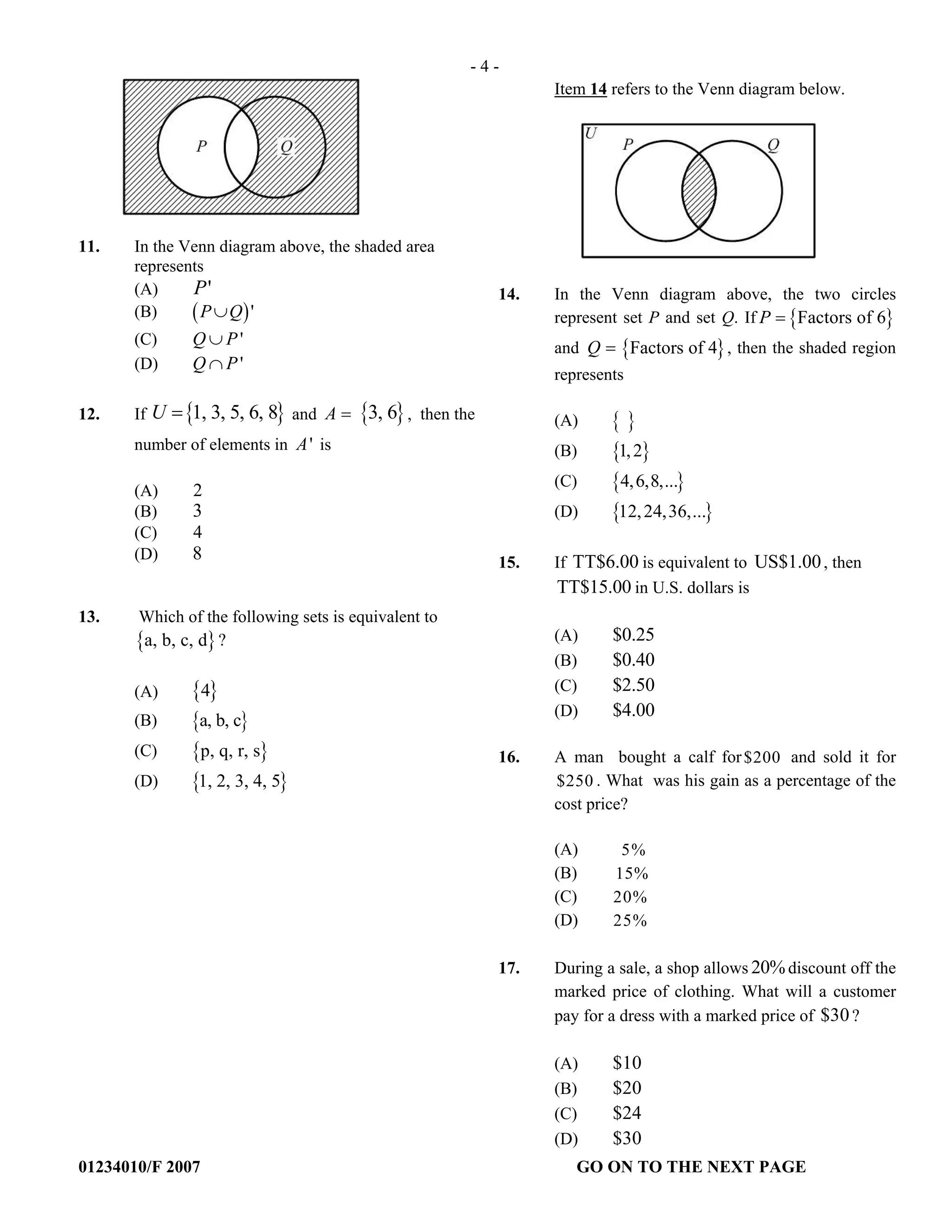 CXC MATHEMATICS MULTIPLE CHOICE | PDF