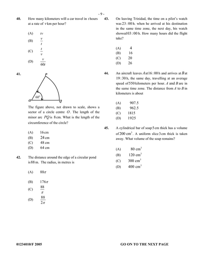 CXC MATHEMATICS MULTIPLE CHOICE | PDF