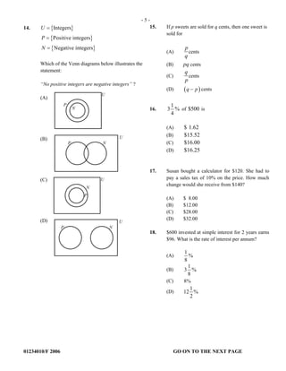 CXC MATHEMATICS MULTIPLE CHOICE | PDF
