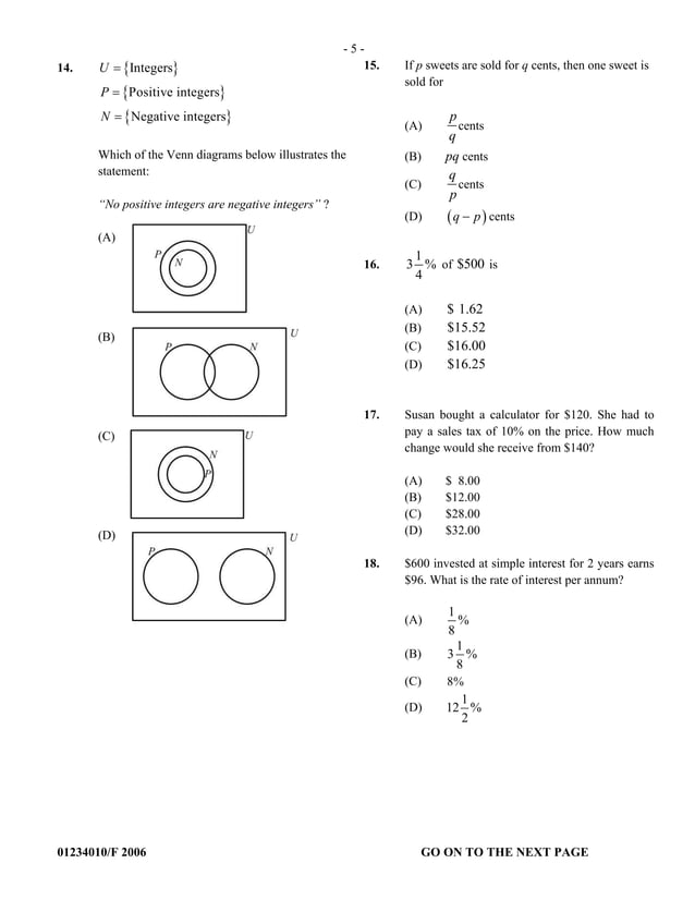 CXC MATHEMATICS MULTIPLE CHOICE | PDF